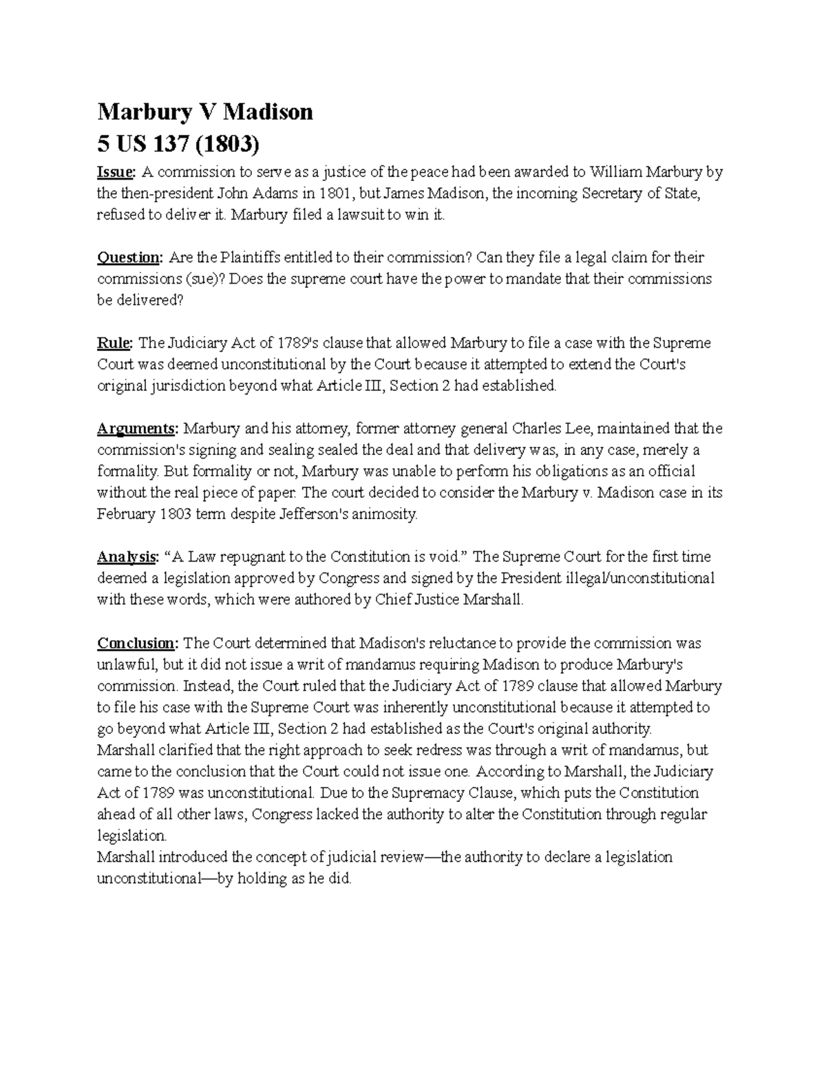 Copy of Case Brie 1 Marbury V Madison - Marbury V Madison 5 US 137 ...