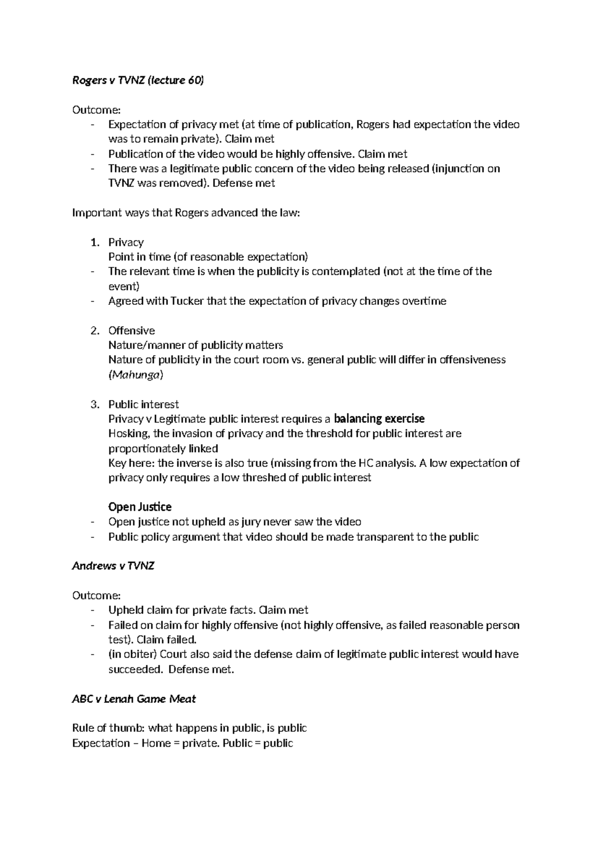 Legal Reasoning Fact Patterns - Rogers v TVNZ (lecture 60) Outcome ...