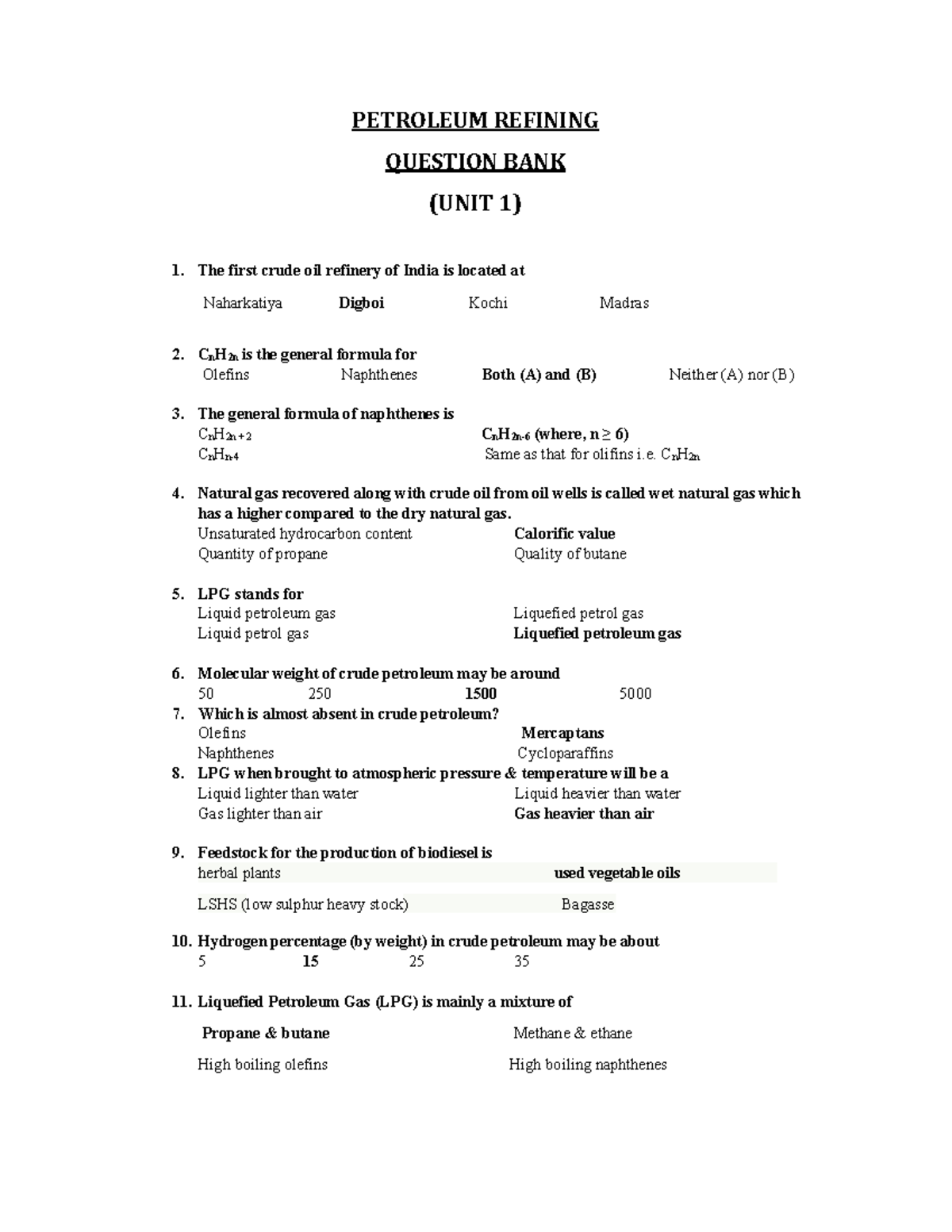 Petro QB Unit 1 - chemical engging - PETROLEUM REFINING QUESTION BANK ...