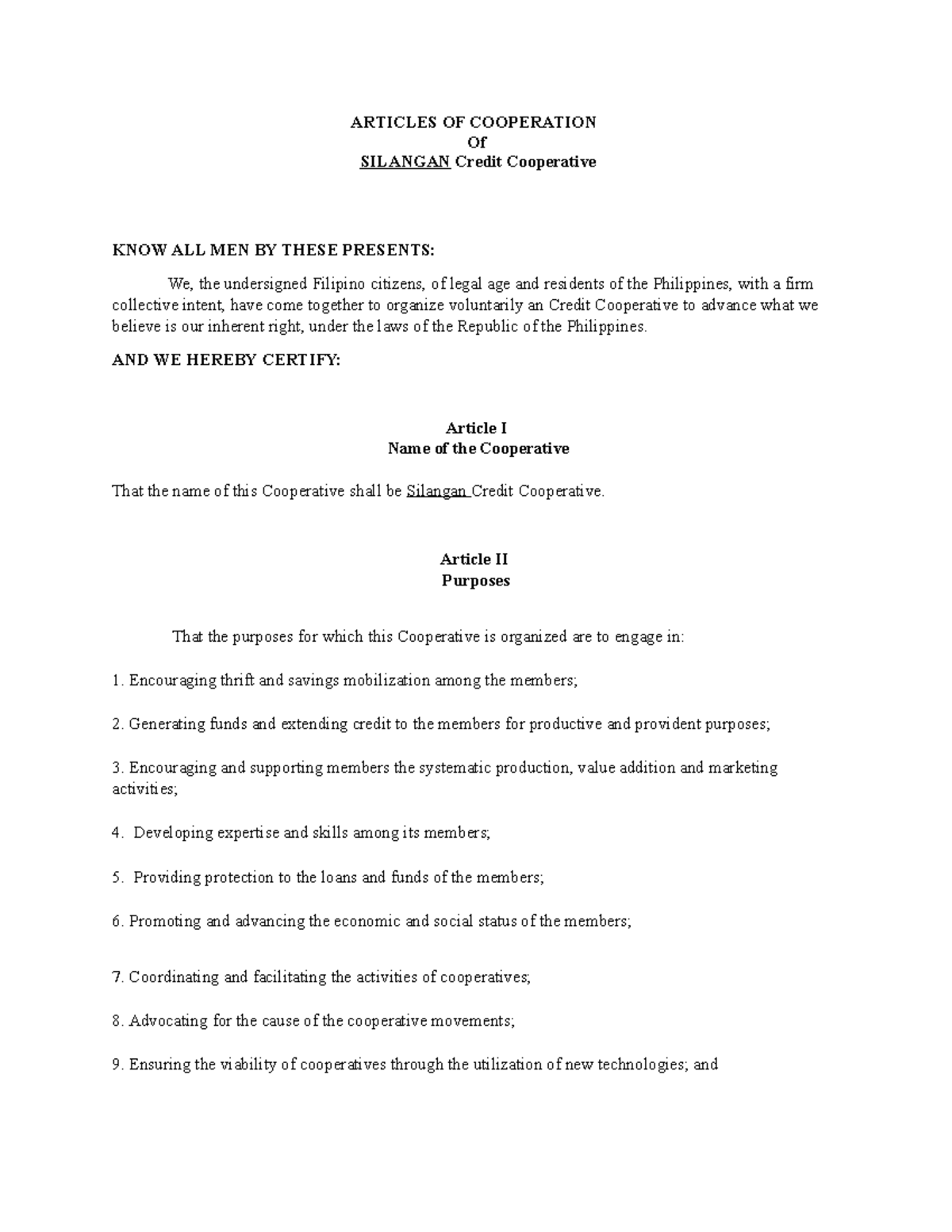 Credit Cooperative - it will help you make your articles of ...