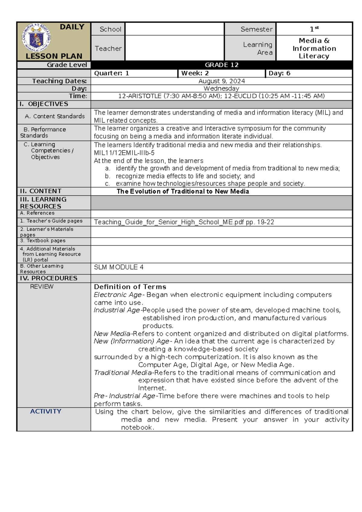 MIL Q1 Week 3 Day 7 - Copy - lesson plan - DAILY LESSON PLAN School ...