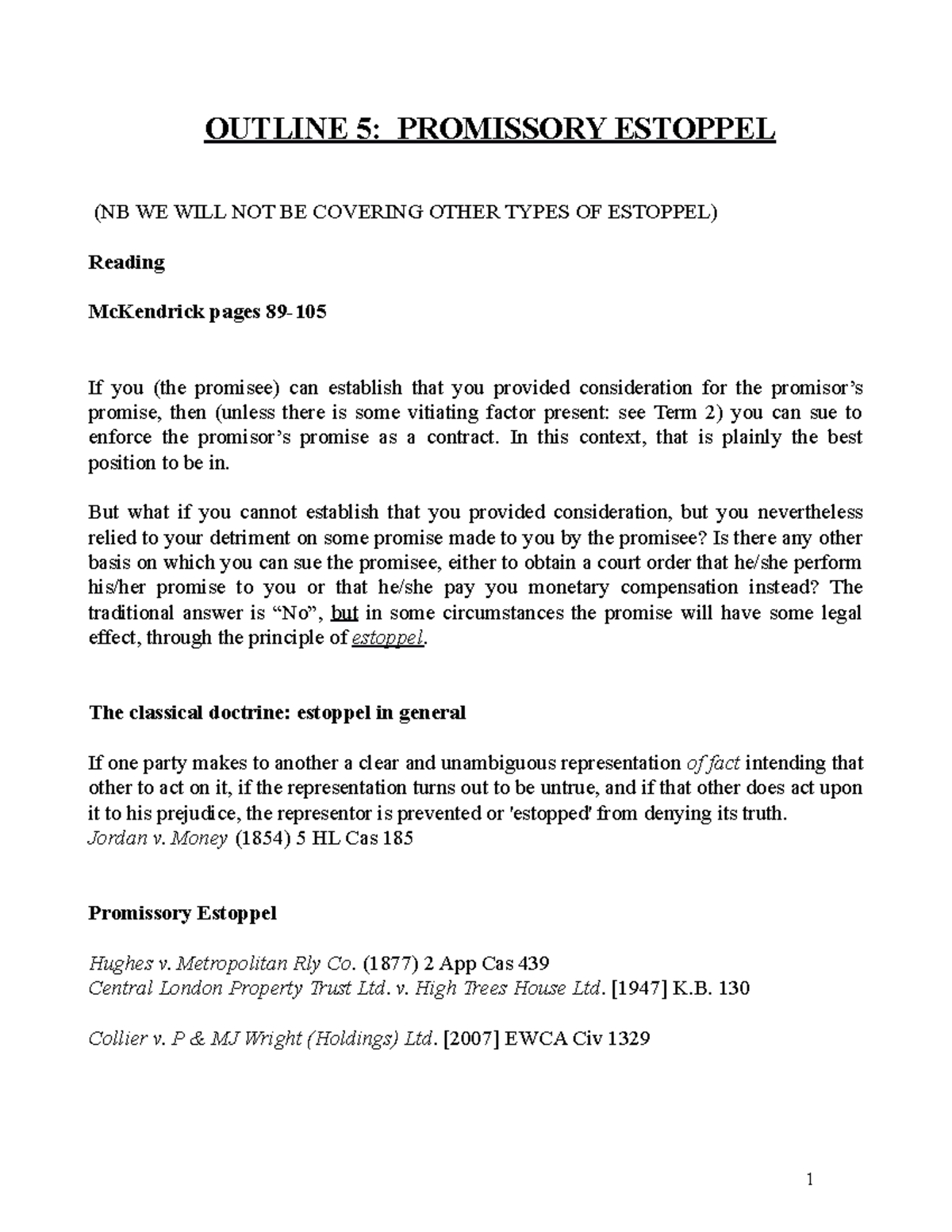 Workshop Outline 5 - Consideration Promissory Estoppel - OUTLINE 5 ...