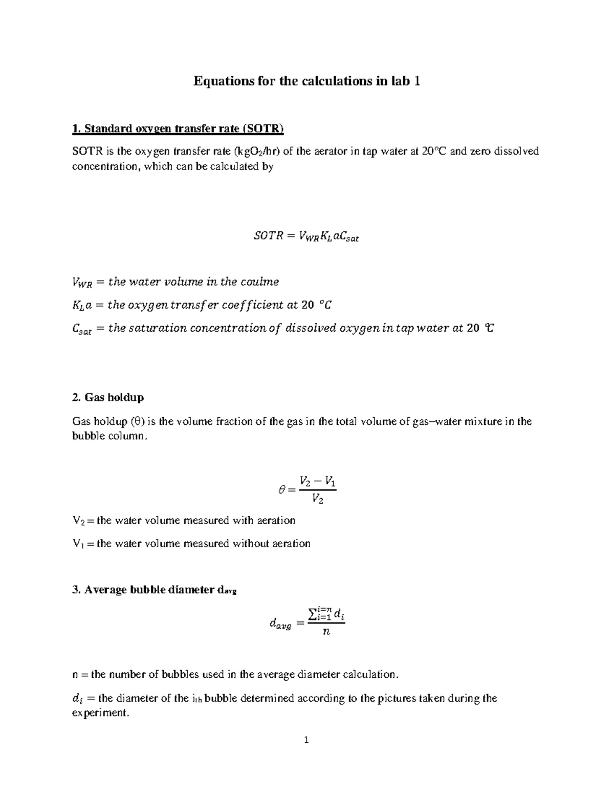 Lab 1 calculation equations - 1 Equations for the calculations in lab 1 ...