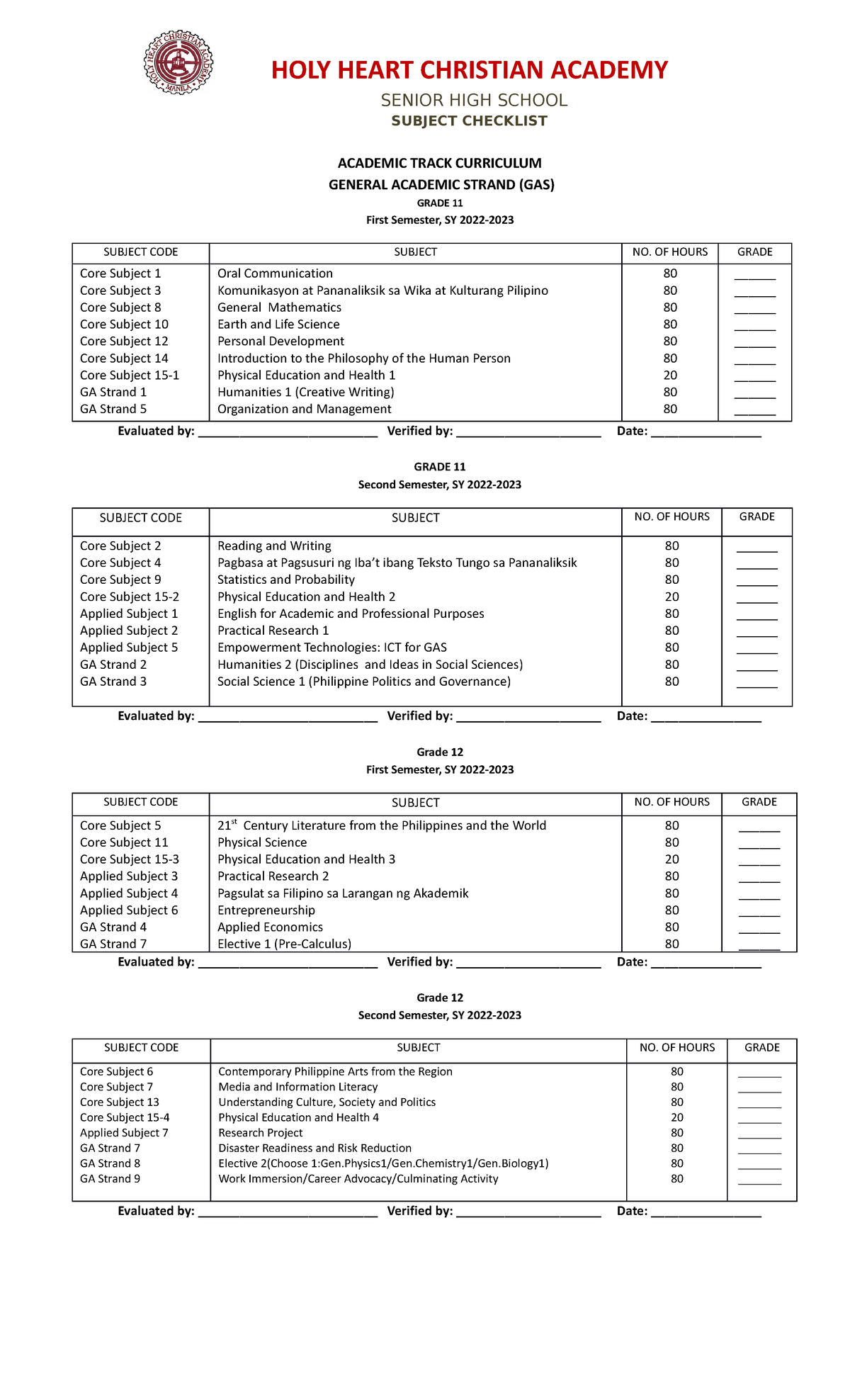 GAS- Subject LIST - LIST - HOLY HEART CHRISTIAN ACADEMY SENIOR HIGH ...