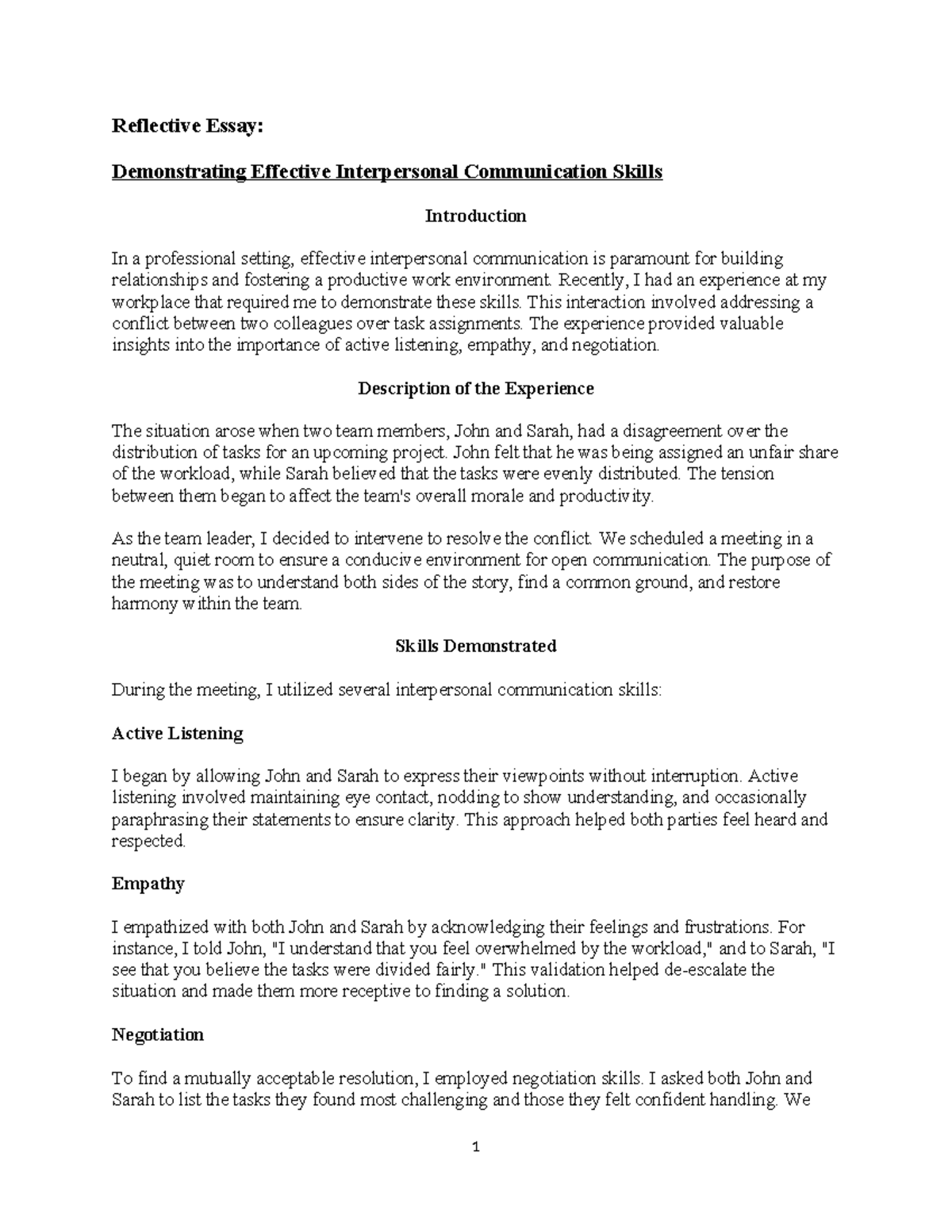 HSS- Interpersonal COMM - Reflective Essay: Demonstrating Effective ...
