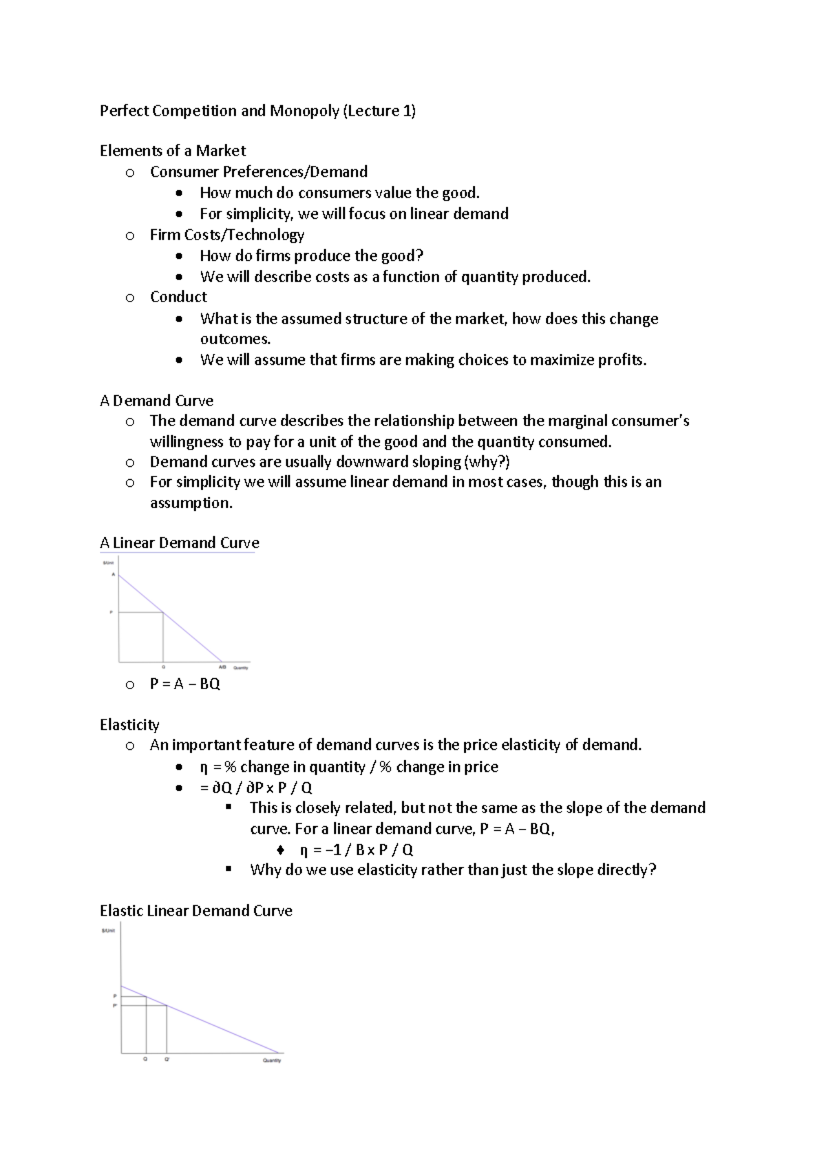 ECON 3121 Notes - Perfect Competition and Monopoly (Lecture 1) Elements ...