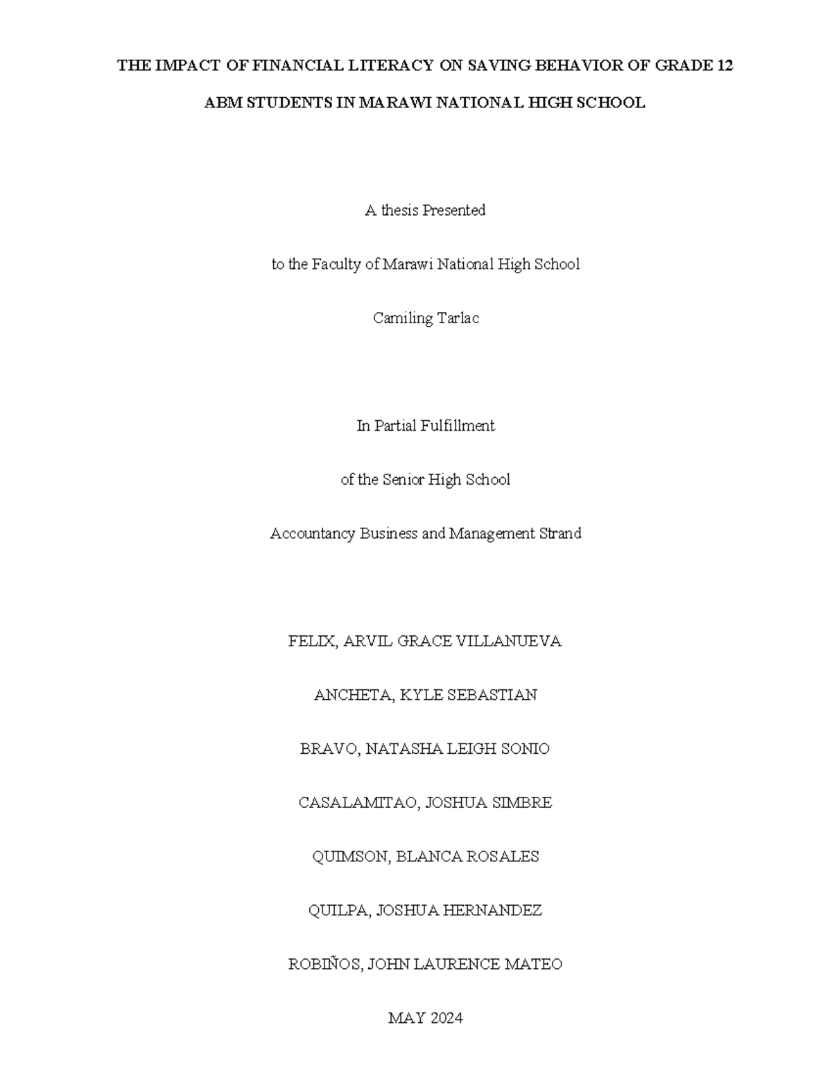 THE Impact OF Financial Literacy ON Sabing Behavior OF Grade 12 ABM Students IN Marawi National ...