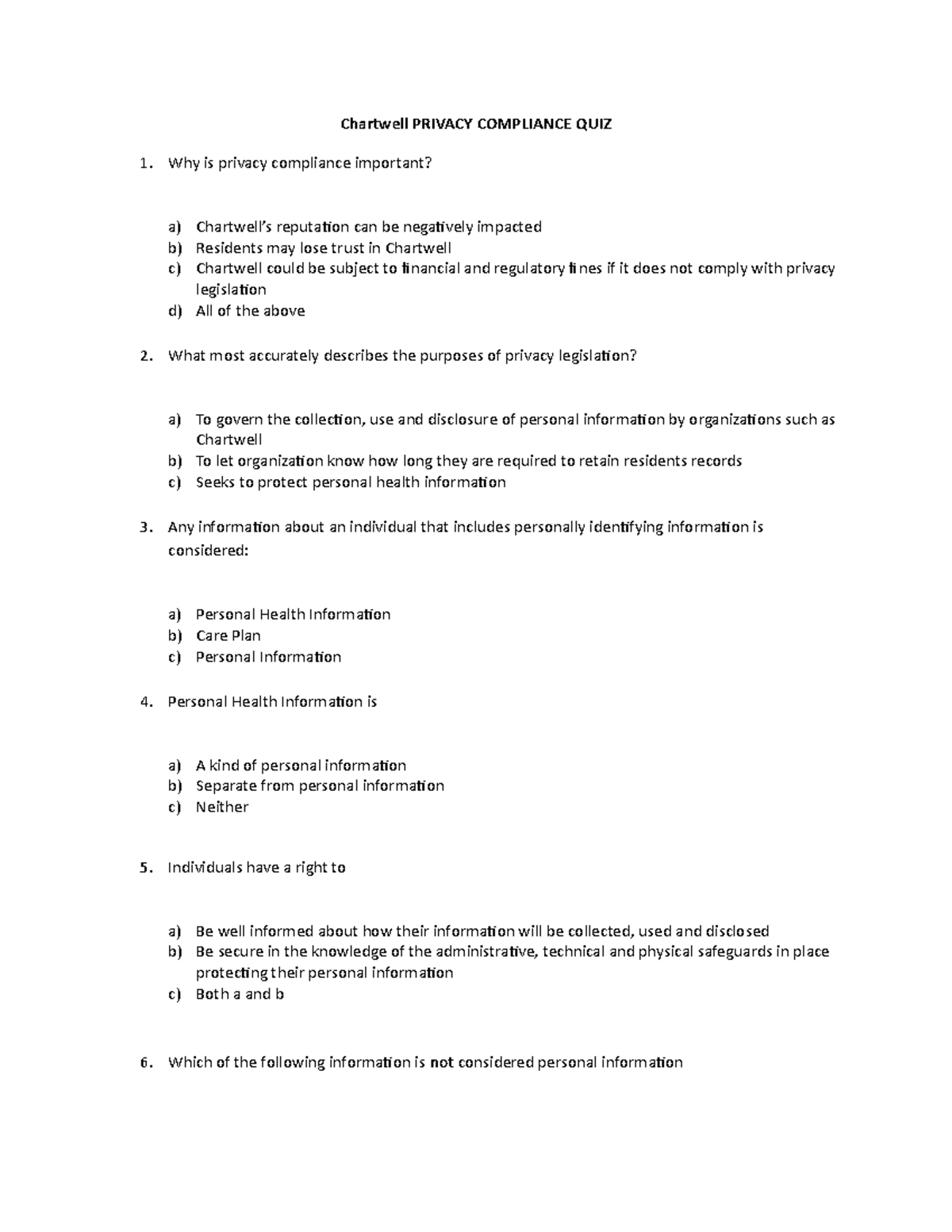Privacy Compliance QUIZ - Chartwell PRIVACY COMPLIANCE QUIZ Why is ...