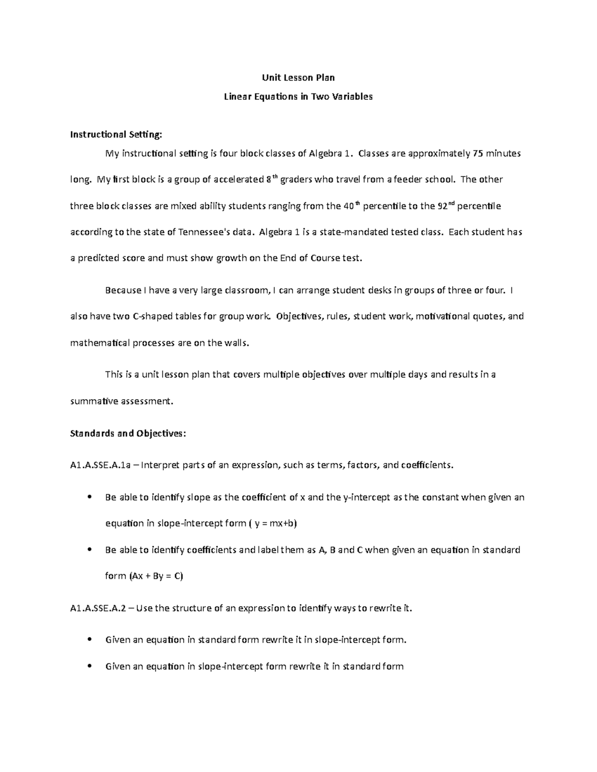 LP - Linear Equations - secondary math lesson plan - Unit Lesson Plan ...