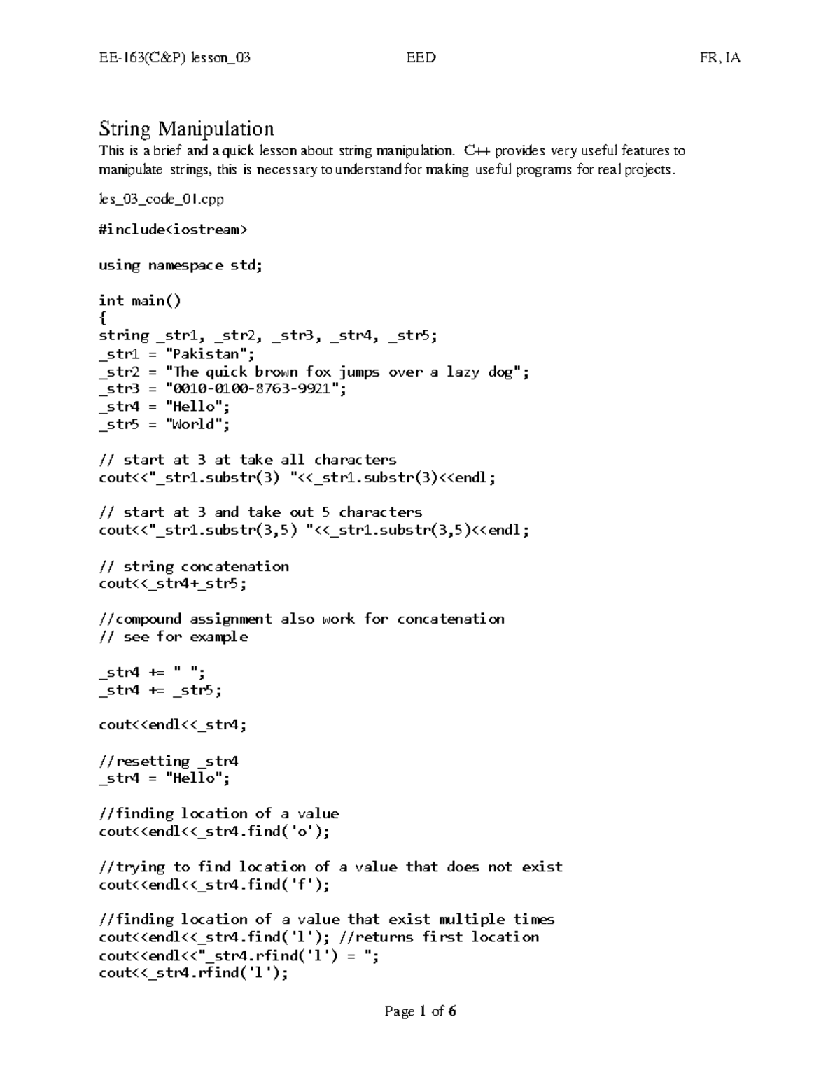 Lesson 03 - C++ MATHEMATICS PPT - EE-163(C&P) lesson_03 EED String ...