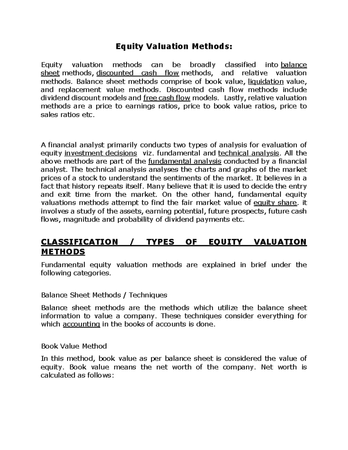 Equity Valuation - Balance sheet methods comprise of book value ...