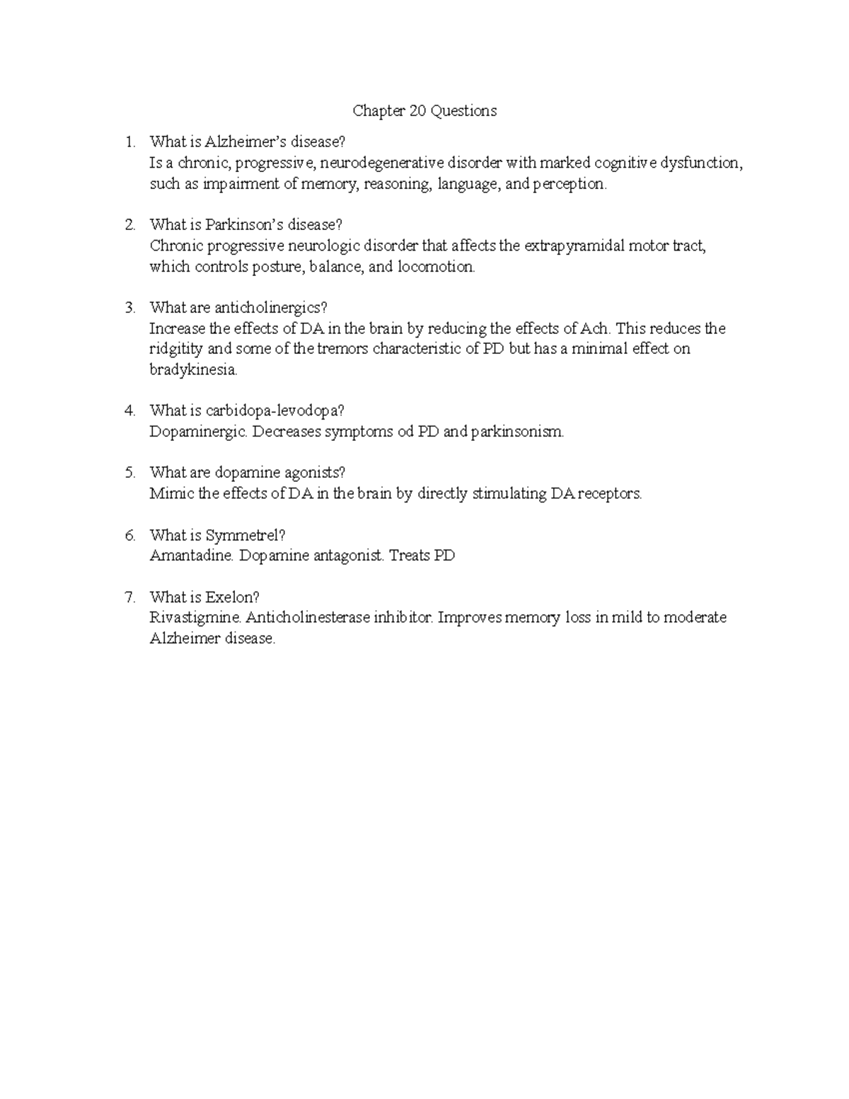 Pharmacology chapter 20 practice questions - Chapter 20 Questions What ...