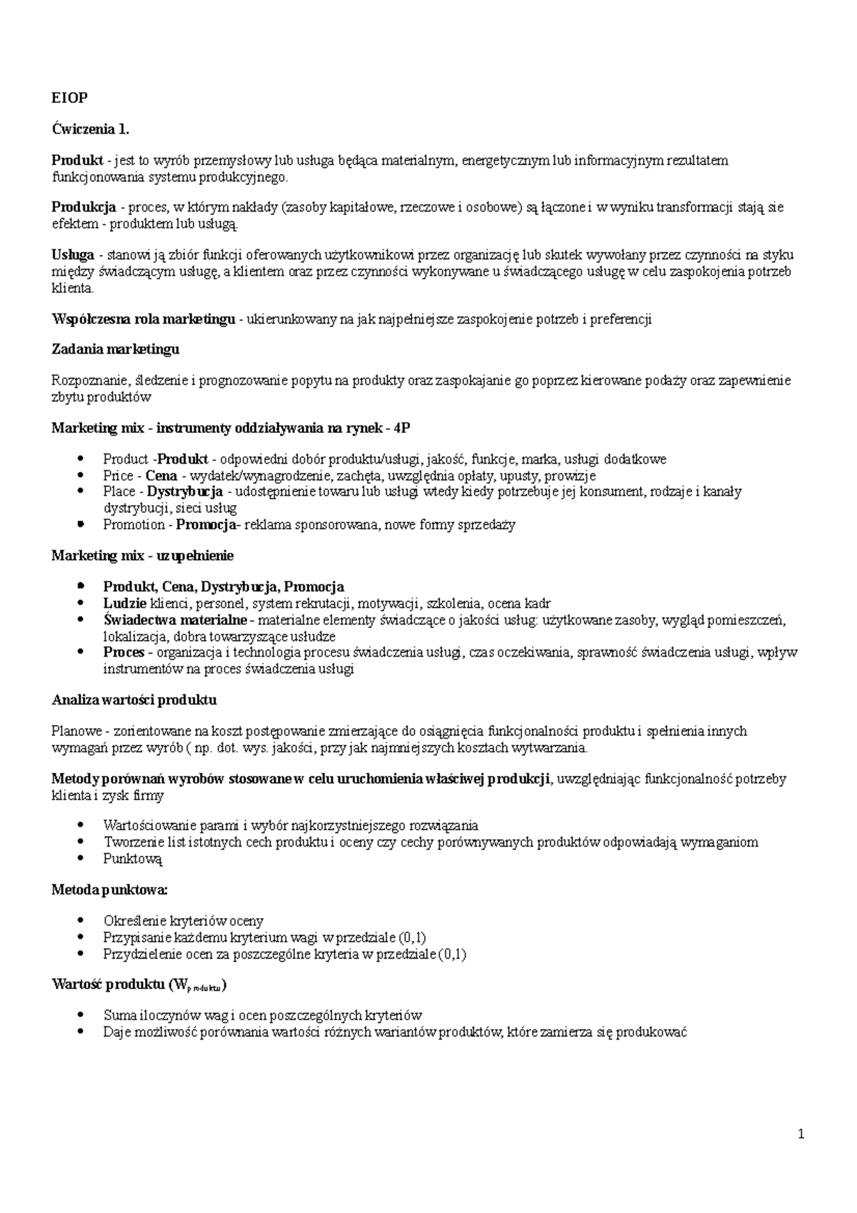 EIOP. - ćwiczenia - Notatki z wykładu całe - EIOP 1. Produkt jest to ...