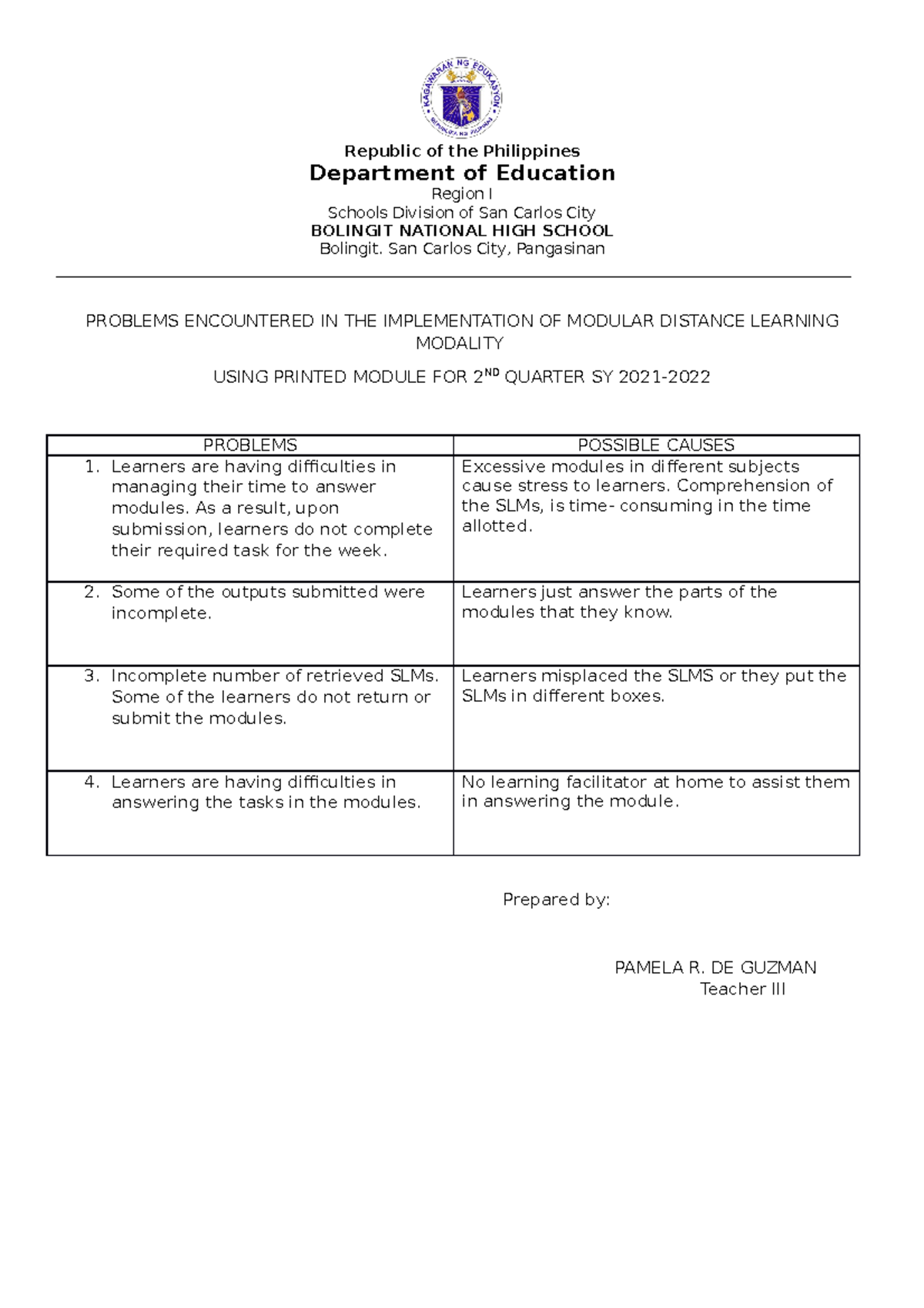 Problems-Met-in-the-Implementation-of-MDL Q2 - Republic of the ...