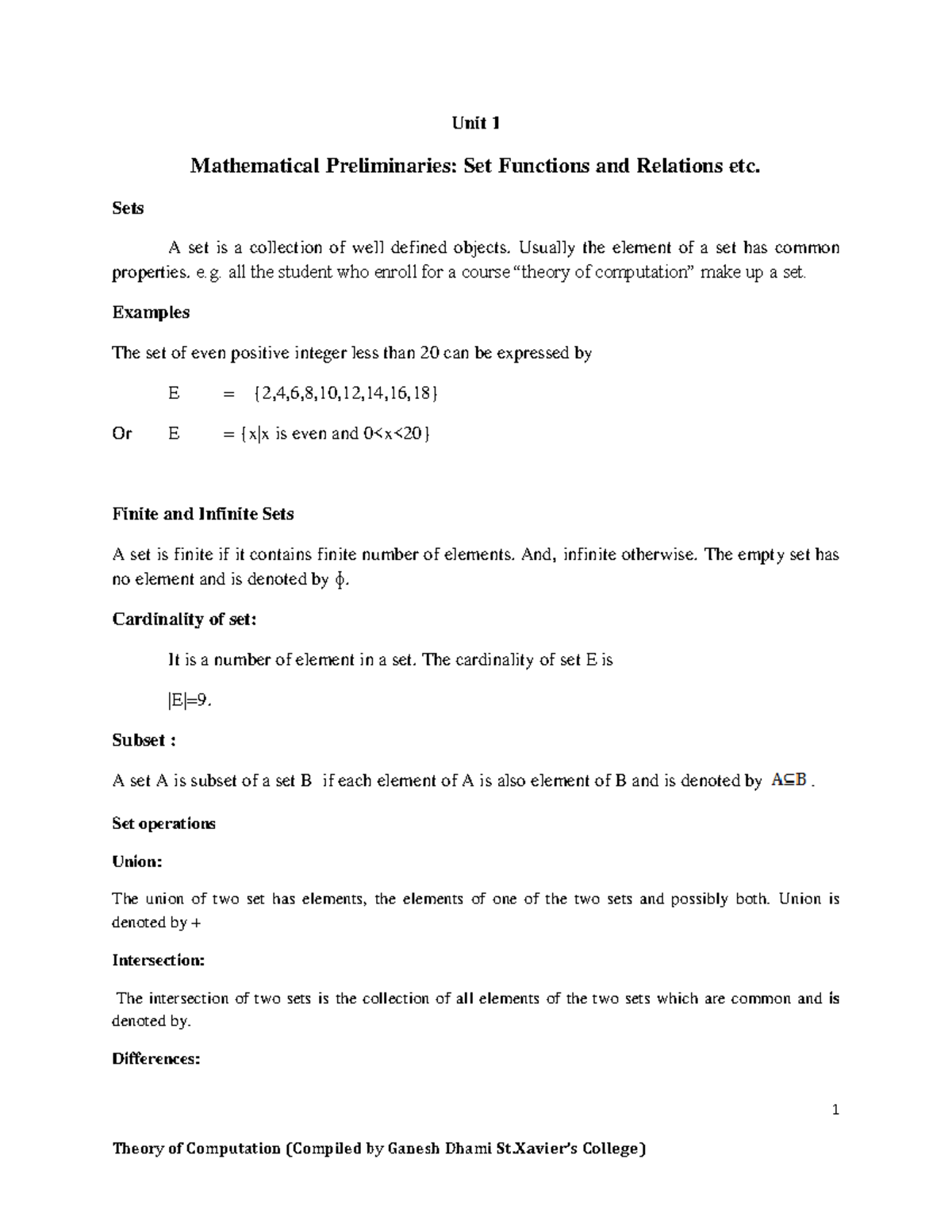 Chapter 1 preliminaries - 1 Unit 1 Mathematical Preliminaries: Set ...