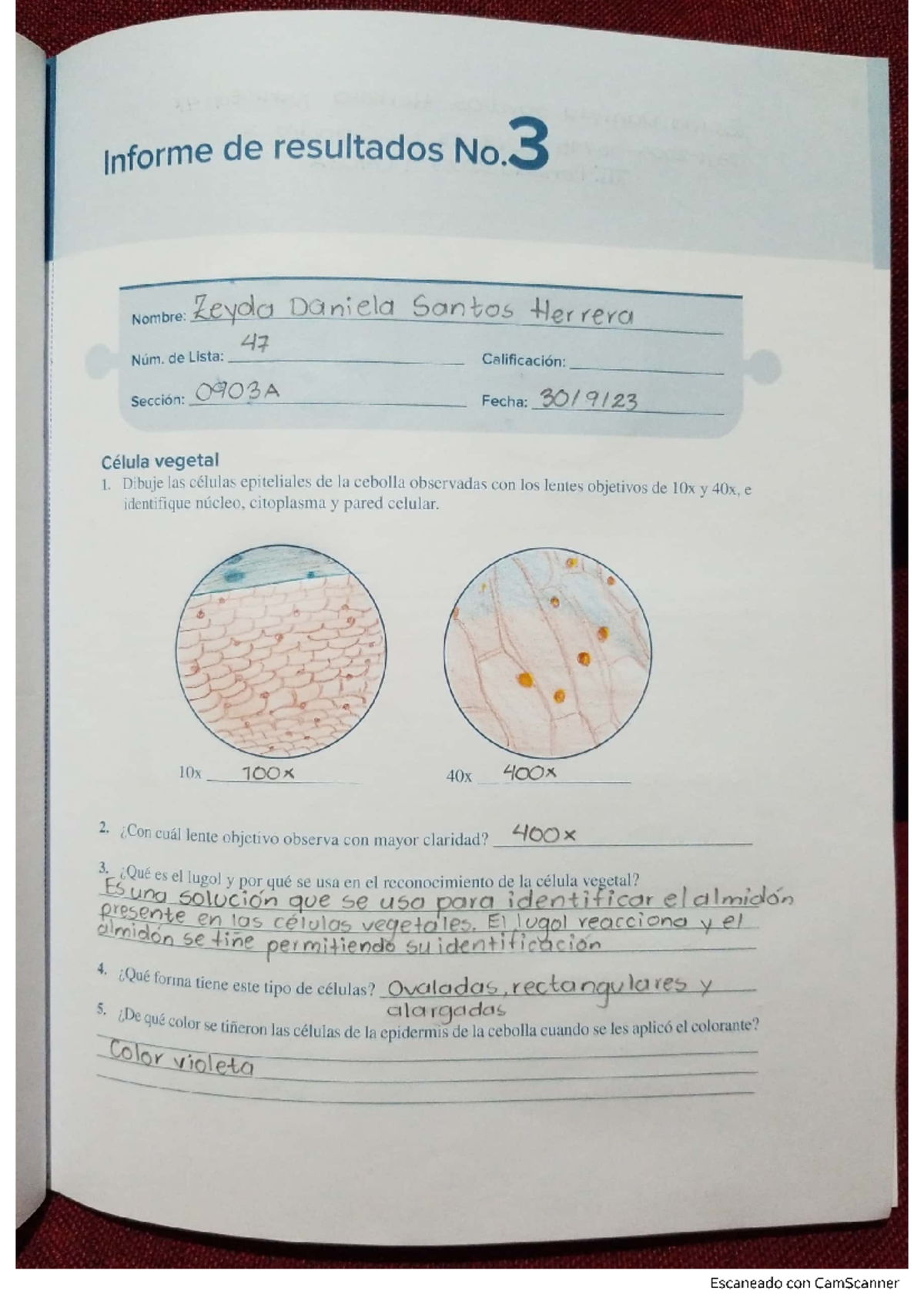 Informe de resultado pract 3 Biologia - Informe de resultados No Nombre: Zeyda Daniela Santos ...