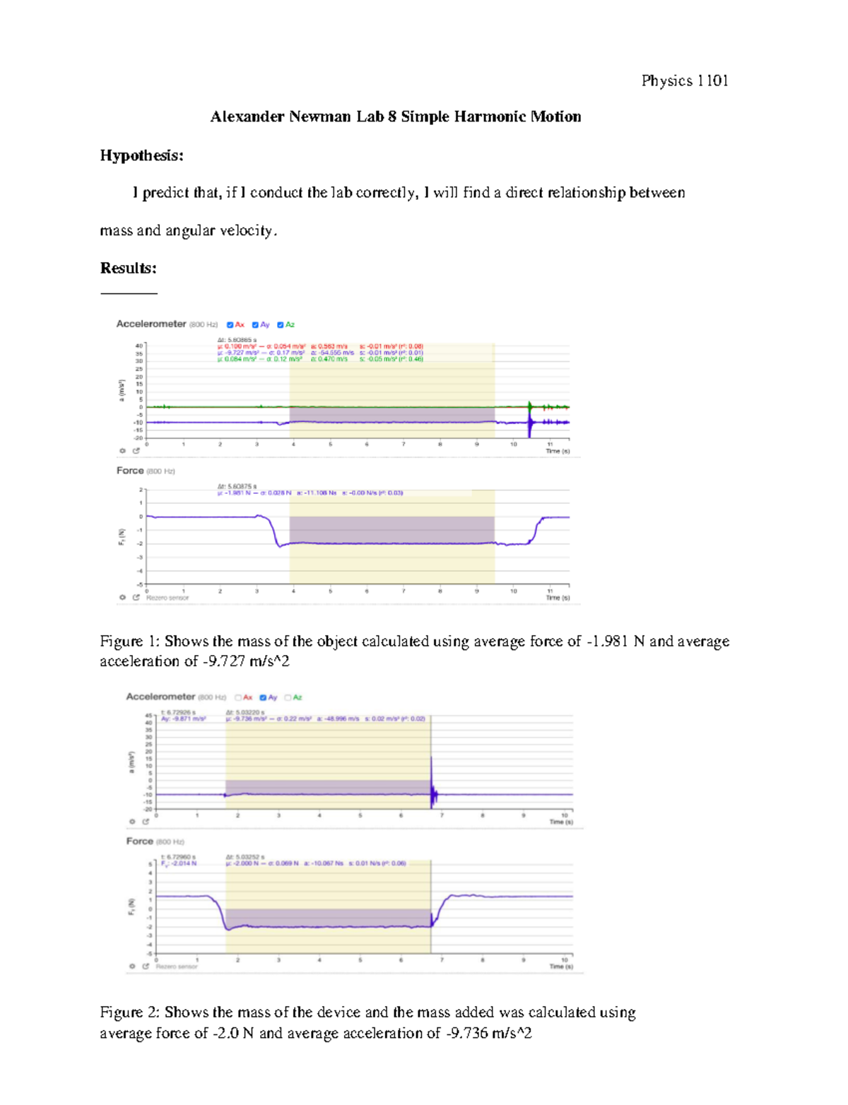 IOLab Physics Lab 8 Simple Harmonic Motion - Alexander Newman Lab 8 ...