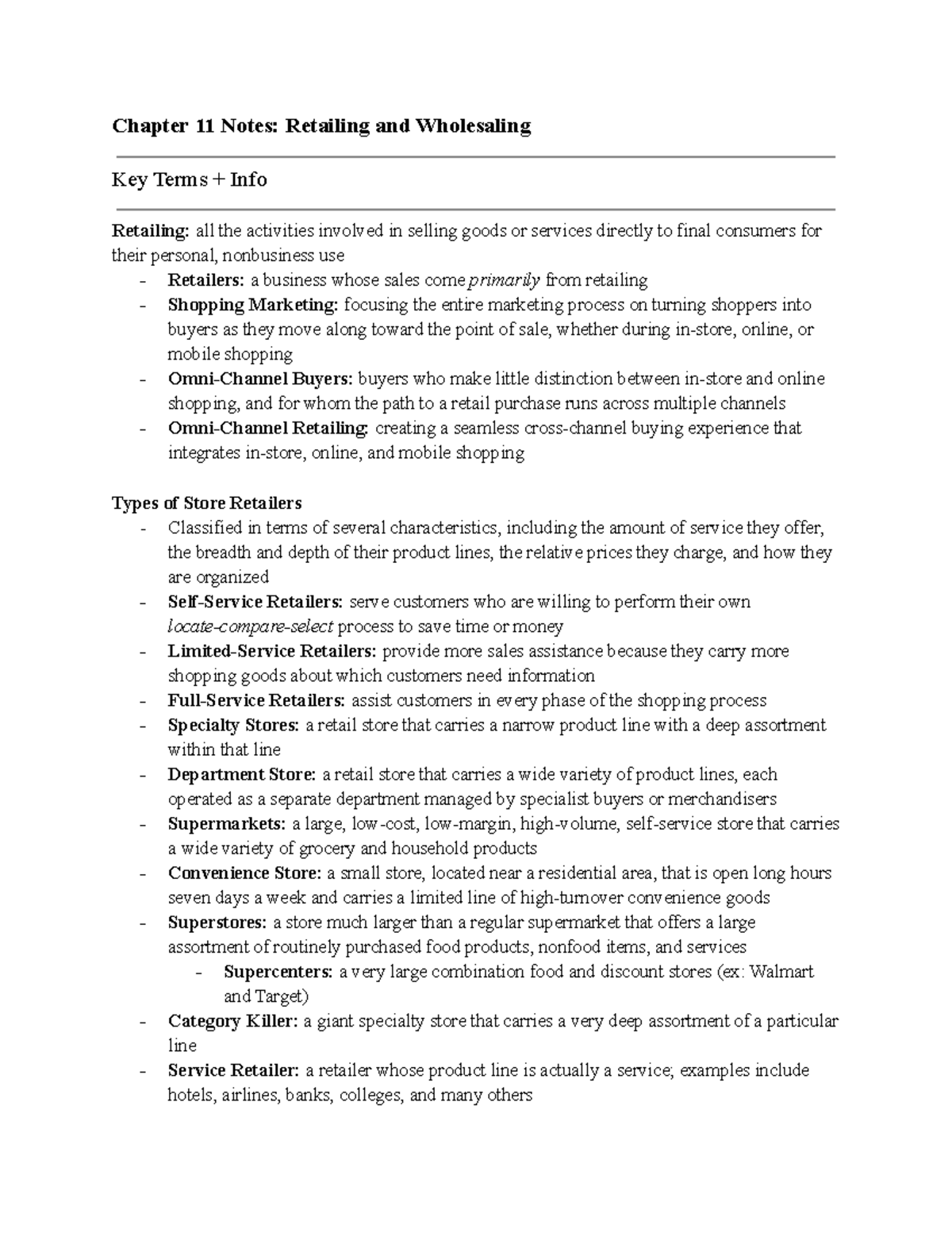 Chapter 11 Notes - Chapter 11 Notes: Retailing and Wholesaling Key ...