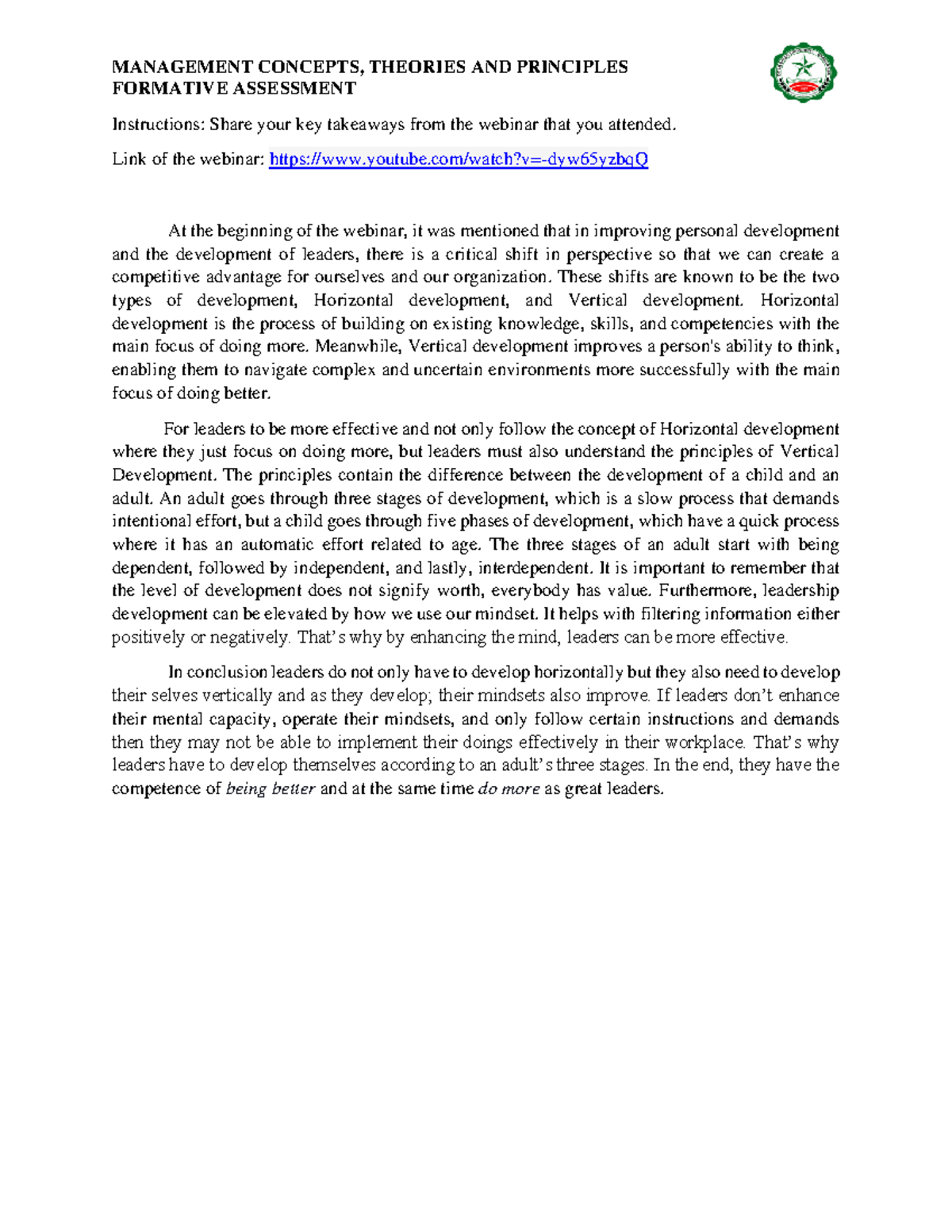 B FNDC004 Leadership Develepment Essay - MANAGEMENT CONCEPTS, THEORIES ...