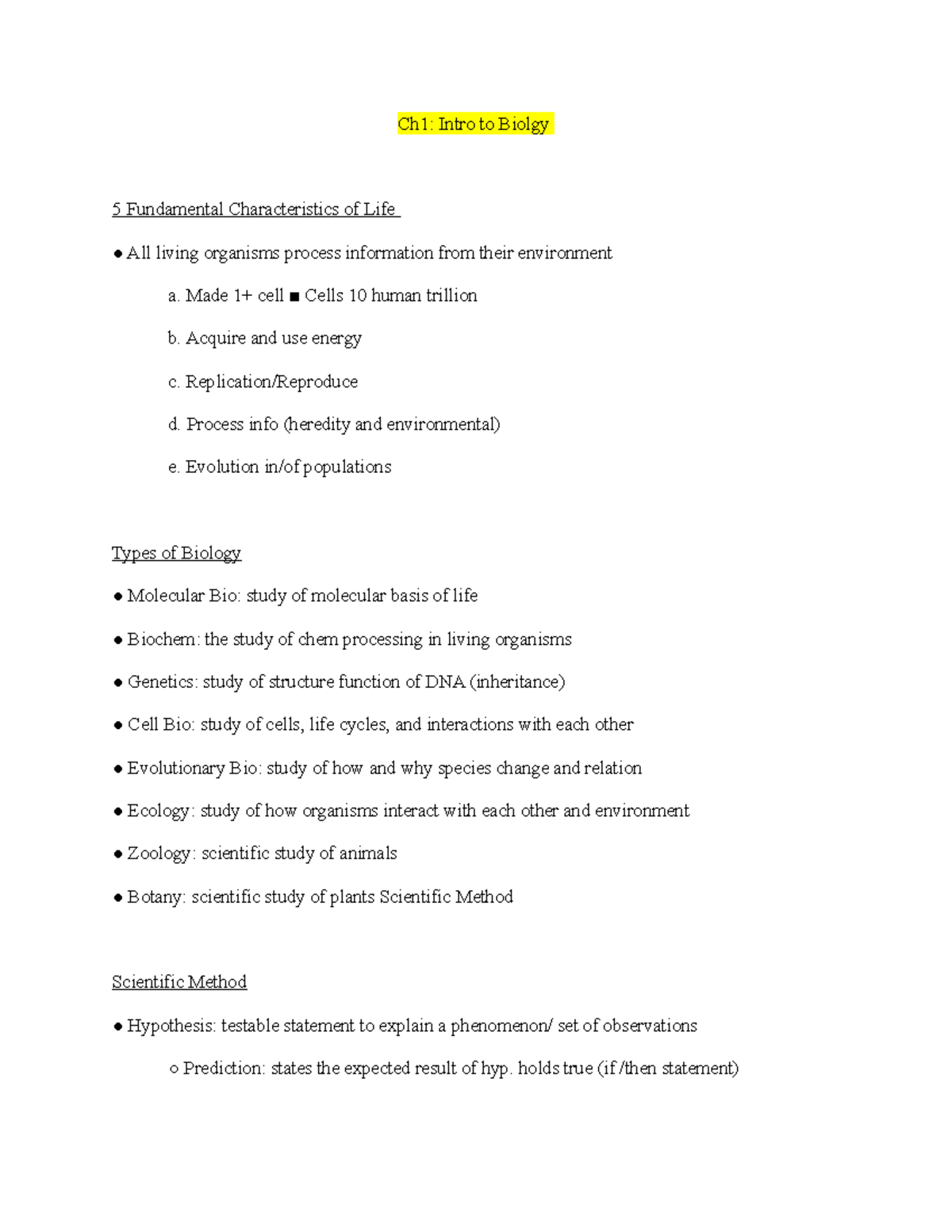 BIO105 Intro to BIO notes - Ch1: Intro to Biolgy 5 Fundamental ...