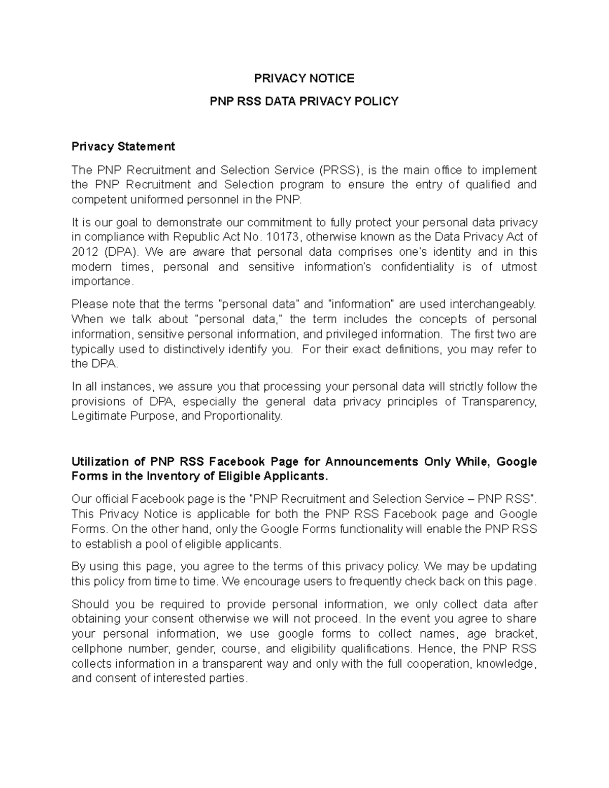 PNP RSS Recruitment Privacy Notice - PRIVACY NOTICE PNP RSS DATA ...
