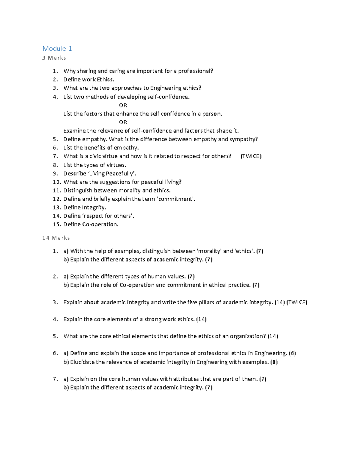 Ethics Module 1 Pyqs Contains All Pyqs Of All 2019 Scheme Qps To Date Module 1 3 Marks 1