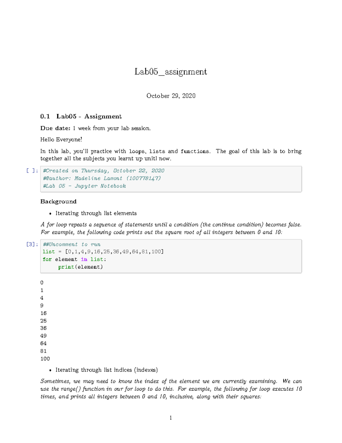 Lab05 assignment - prof: Mariana Shimabukuro - Lab05_assignment October 29, 2020 0 Lab05 - - Studocu