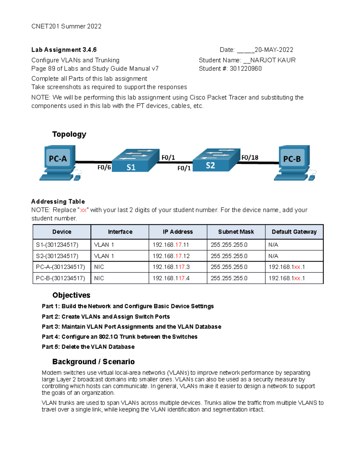 , LAB 3.4.6# sec 002 - CNET201 Summer 2022 Lab Assignment 3.4 Date: _____20-MAY- Configure VLANs ...