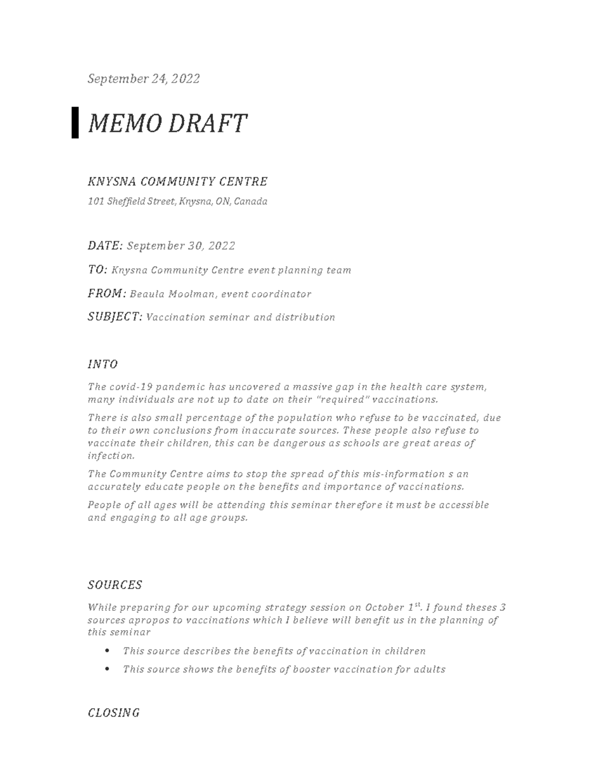 September 24 - XXX - September 24, 2022 MEMO DRAFT KNYSNA COMMUNITY ...