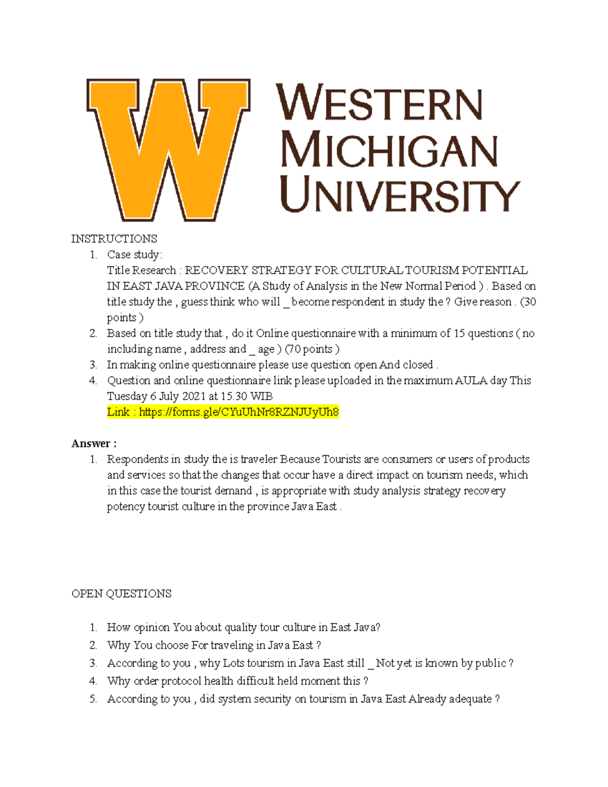 Torism Task - task - INSTRUCTIONS Case study: Title Research : RECOVERY ...