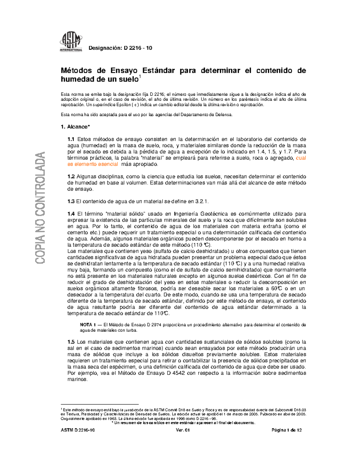 D2216-10 Contenido de Humedad Ver. 01 - Designación: D 2216 - 10 ...