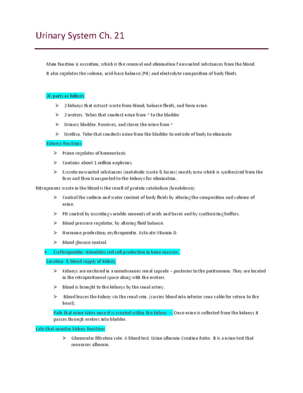 Urinary System ch. 21 - Basics - Urinary System Ch. 21 Main function is ...