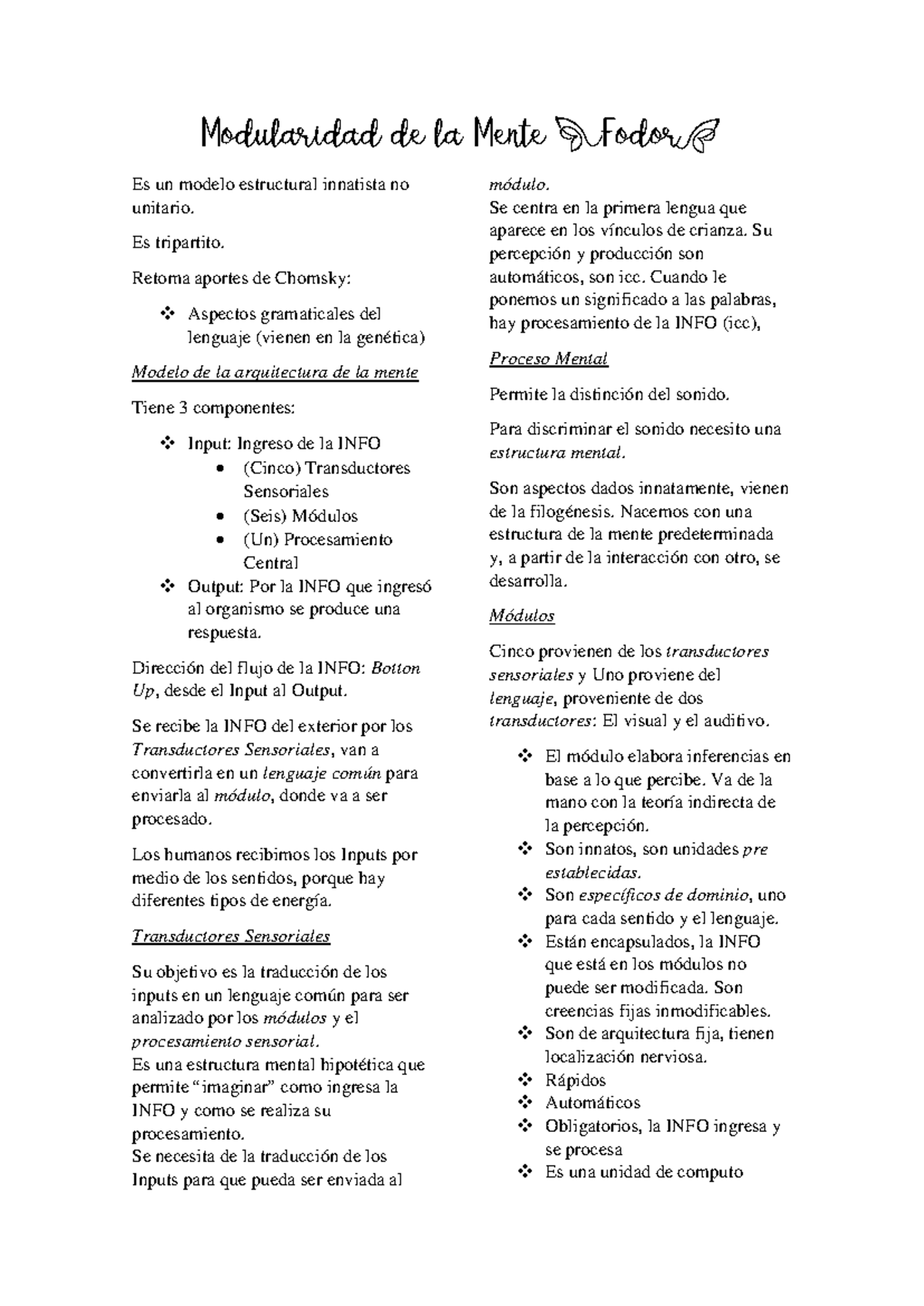 Modularidad de la Mente - Fodor - Modularidad de la Mente (Fodor) Es un ...