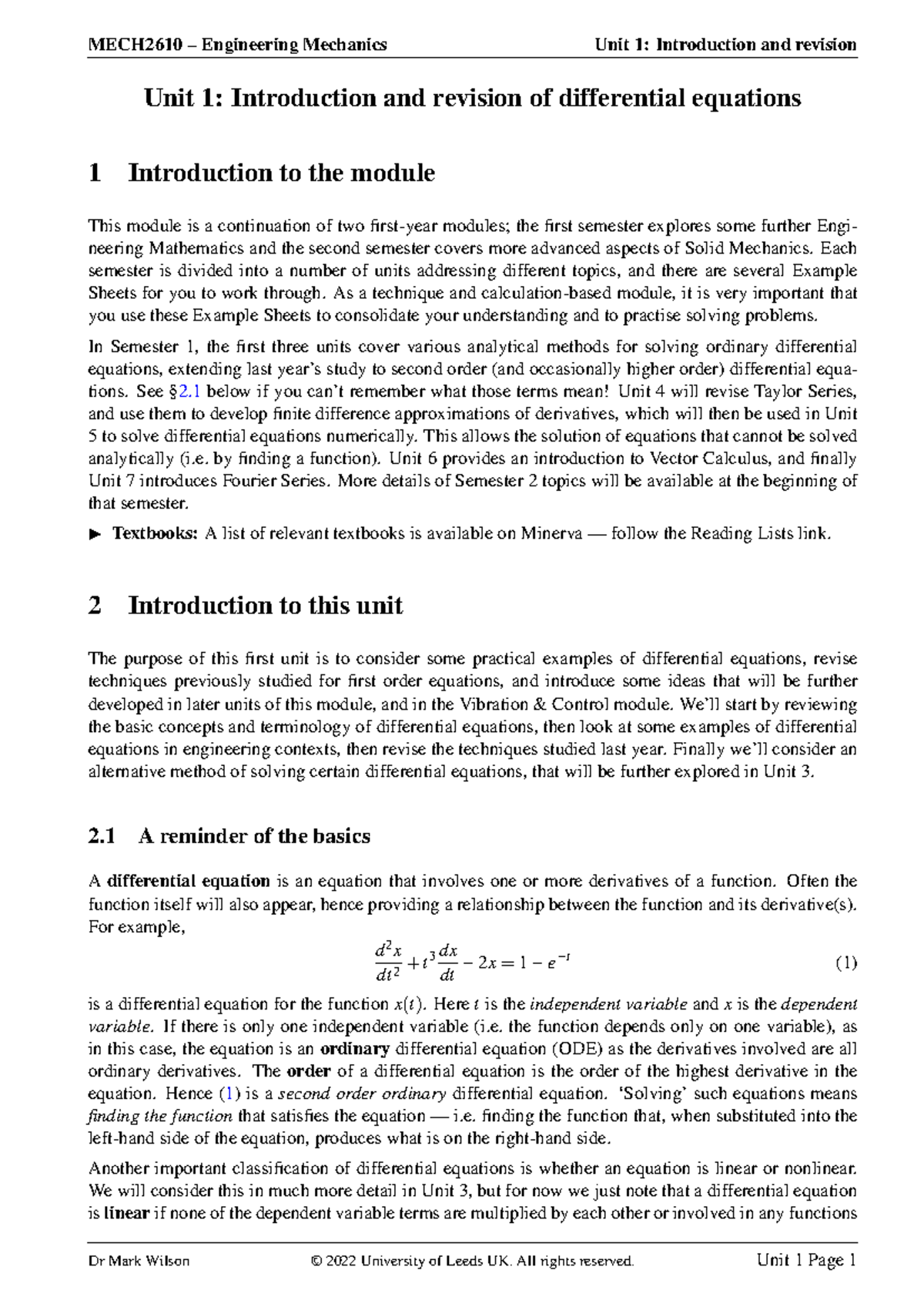 MECH2610-Unit1-Notes - Unit 1: Introduction and revision of ...