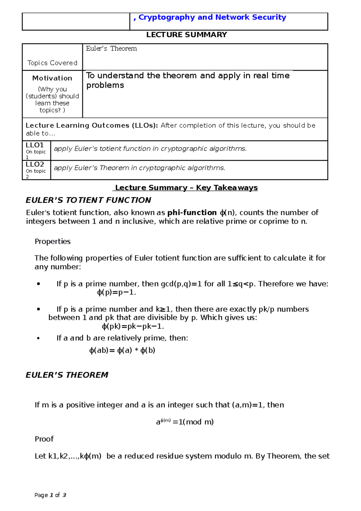 Eulers Theorem - , Cryptography and Network Security LECTURE SUMMARY Topics Covered Euler’s ...