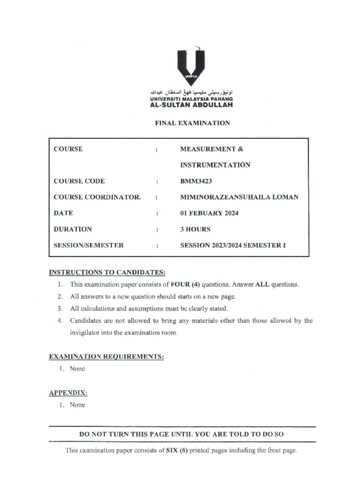 BMM 3423 Measurement & Instrumentation S1 010224 - COURSE COURSE CODE ...