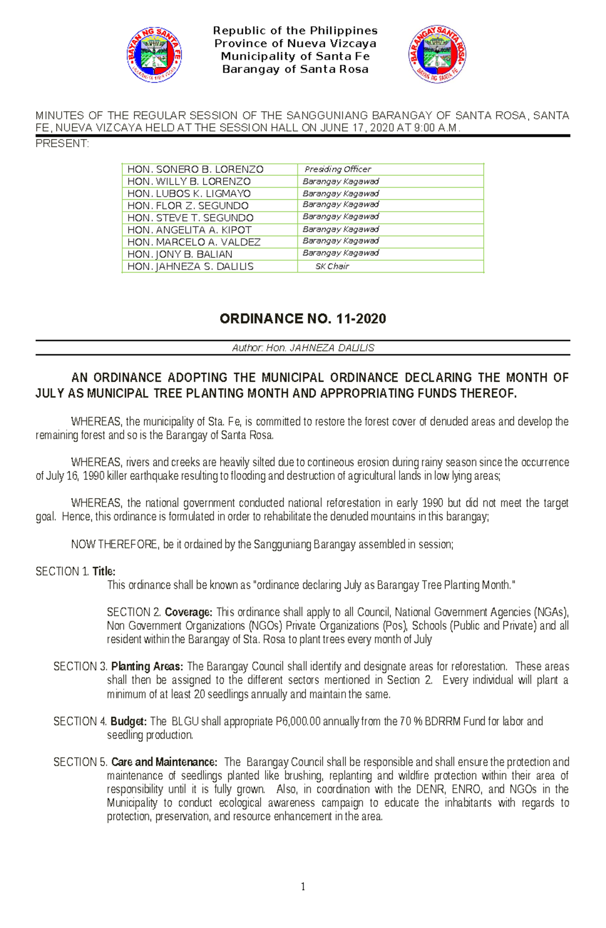 Tree planting ordinance no 13 - MINUTES OF THE REGULAR SESSION OF THE ...