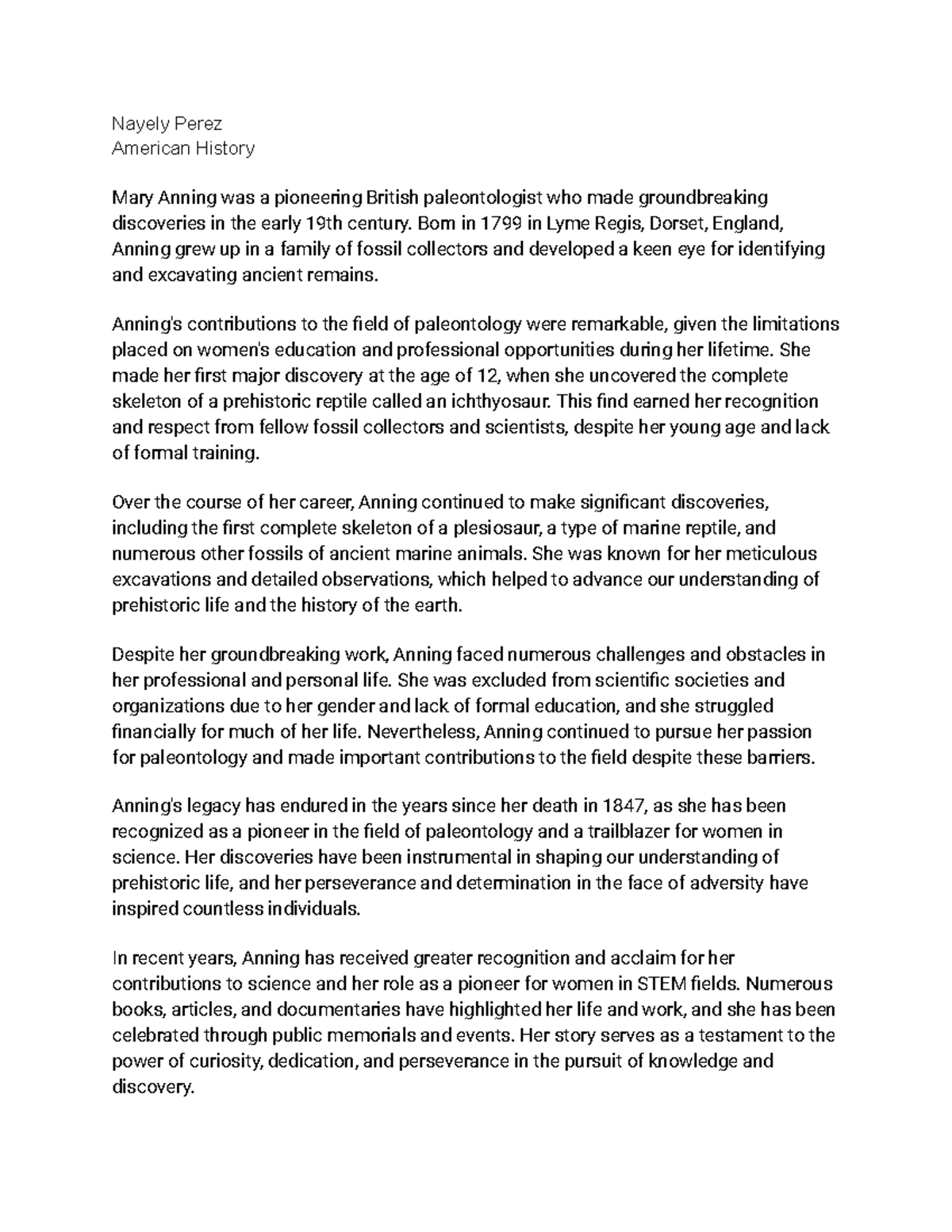 Mary Anning - Nayely Perez American History Mary Anning was a ...