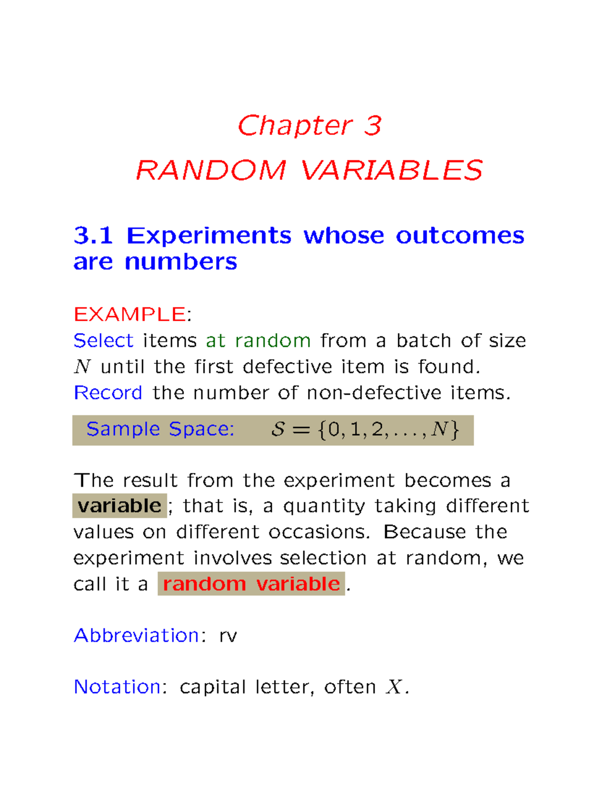 Lecture notes, lecture 3 - Chapter 3 RANDOM VARIABLES 3 Experiments ...