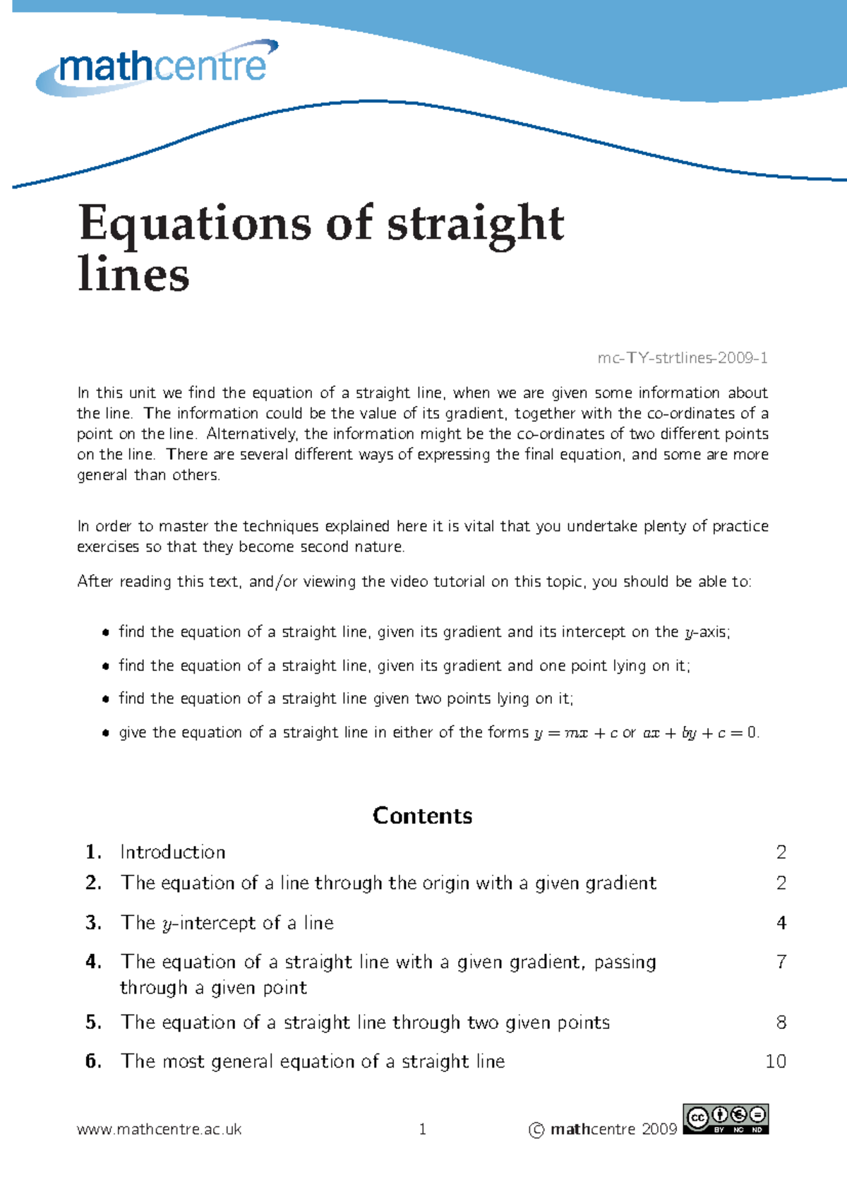 Mc ty strtlines 2009 1 - Assignment - Equations of straight lines mc-TY ...
