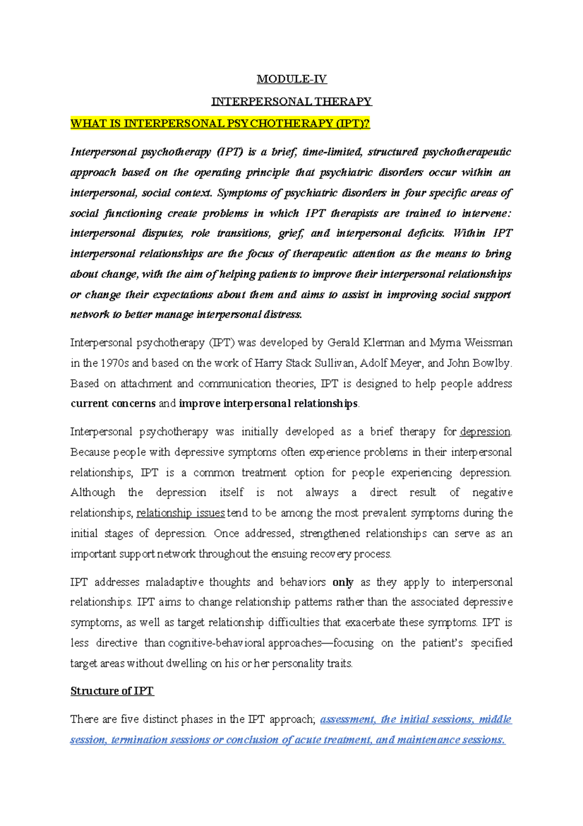 INTERPERSONAL THERAPY AND IT'S APPLICATION ON MENTAL DISORDERS - MODULE ...