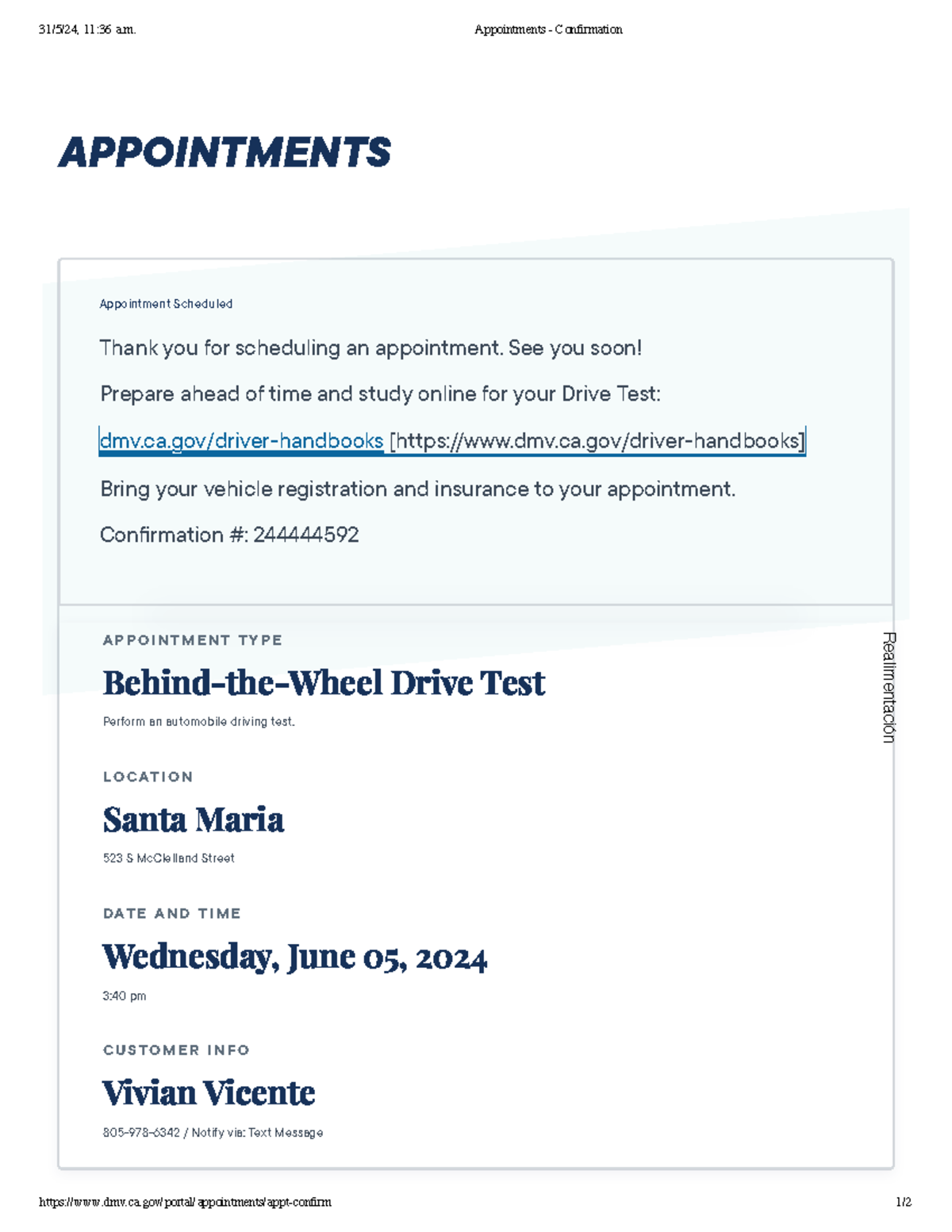 Appointments - Confirmation Vivian - Appointment Scheduled Thank you ...