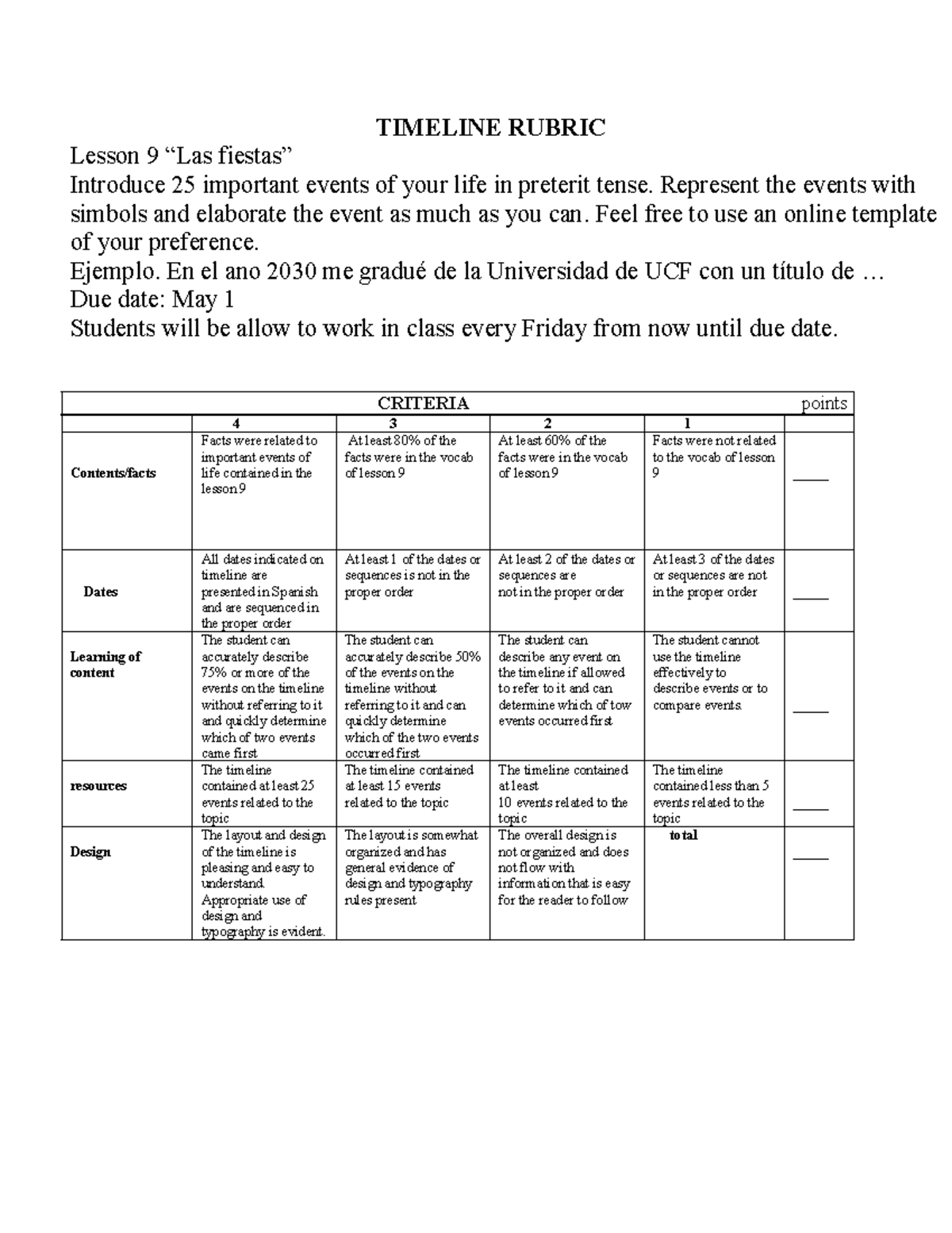 Timelinerubric - none - TIMELINE RUBRIC Lesson 9 “Las fiestas ...