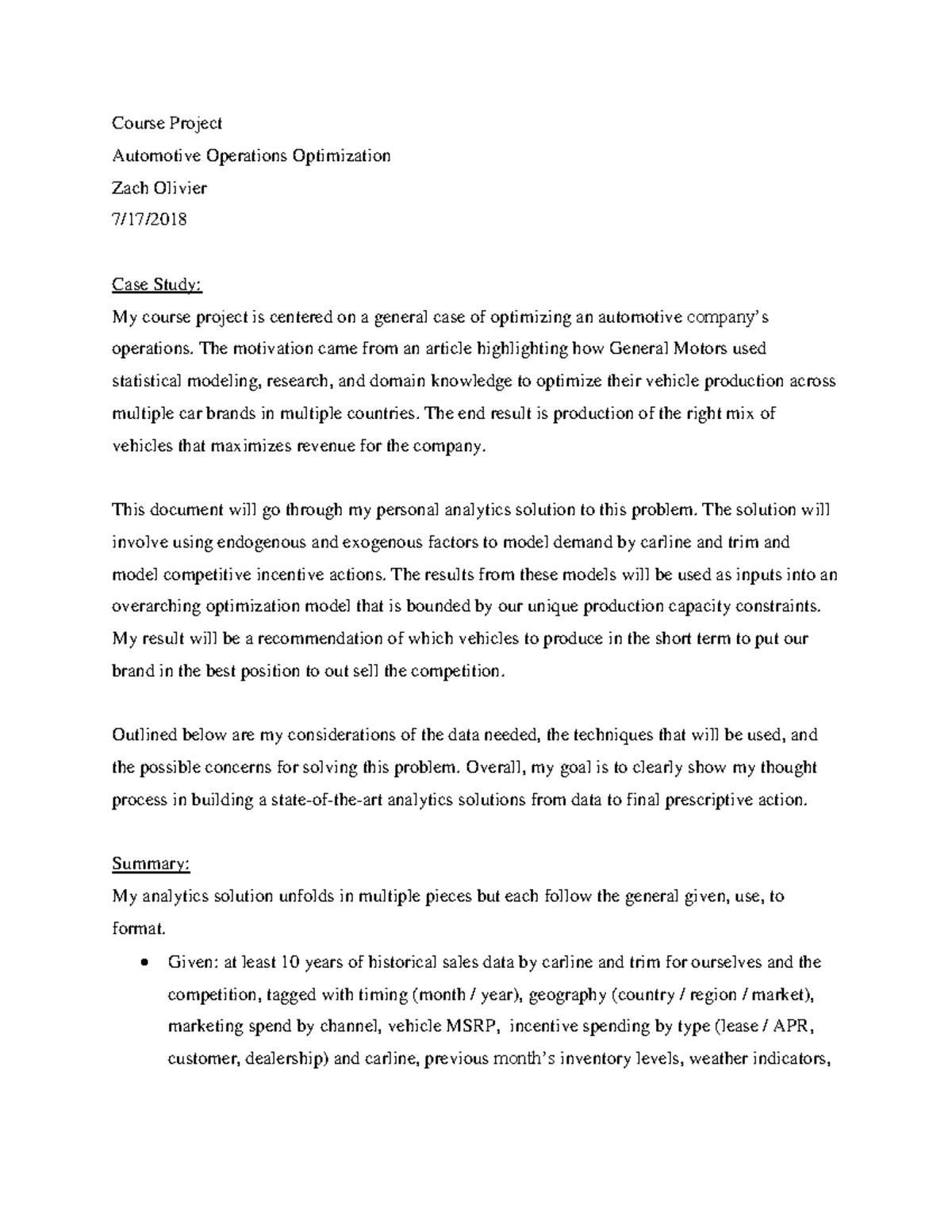 Final course project isye6501 - Course Project Automotive Operations ...