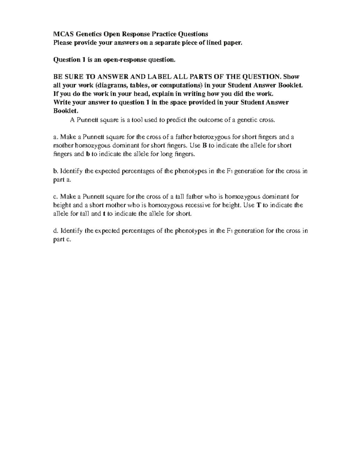 Practice MCAS genetics open response - MCAS Genetics Open Response ...