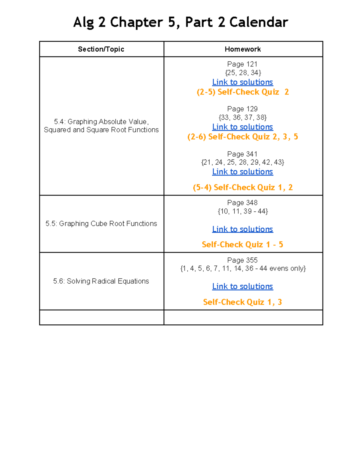 Alg 2 Chapter 5, Part 2 Calendar - Alg 2 Chapter 5, Part 2 Calendar ...