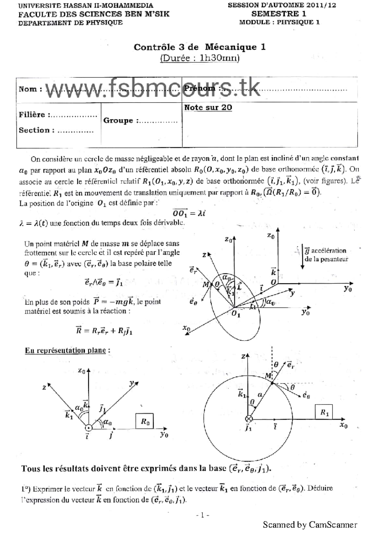 Exam 2012 - TD mécanique du point - Studocu