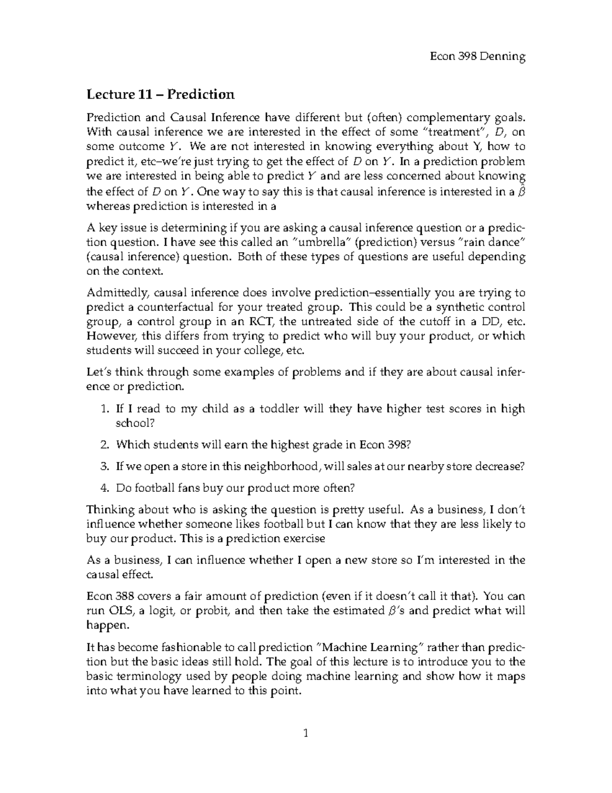 Lecture 11 Prediction This Is For Jeff Dennings Applied Econometrics Class Which Is Now Econ