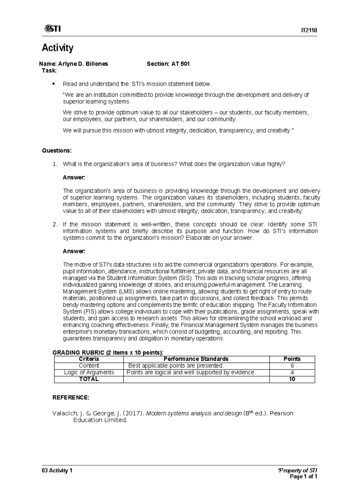 03 Activity 1 ISAD Billones, Arlyne D - Activity IT Name: Arlyne D. Billones Section: AT 501 ...