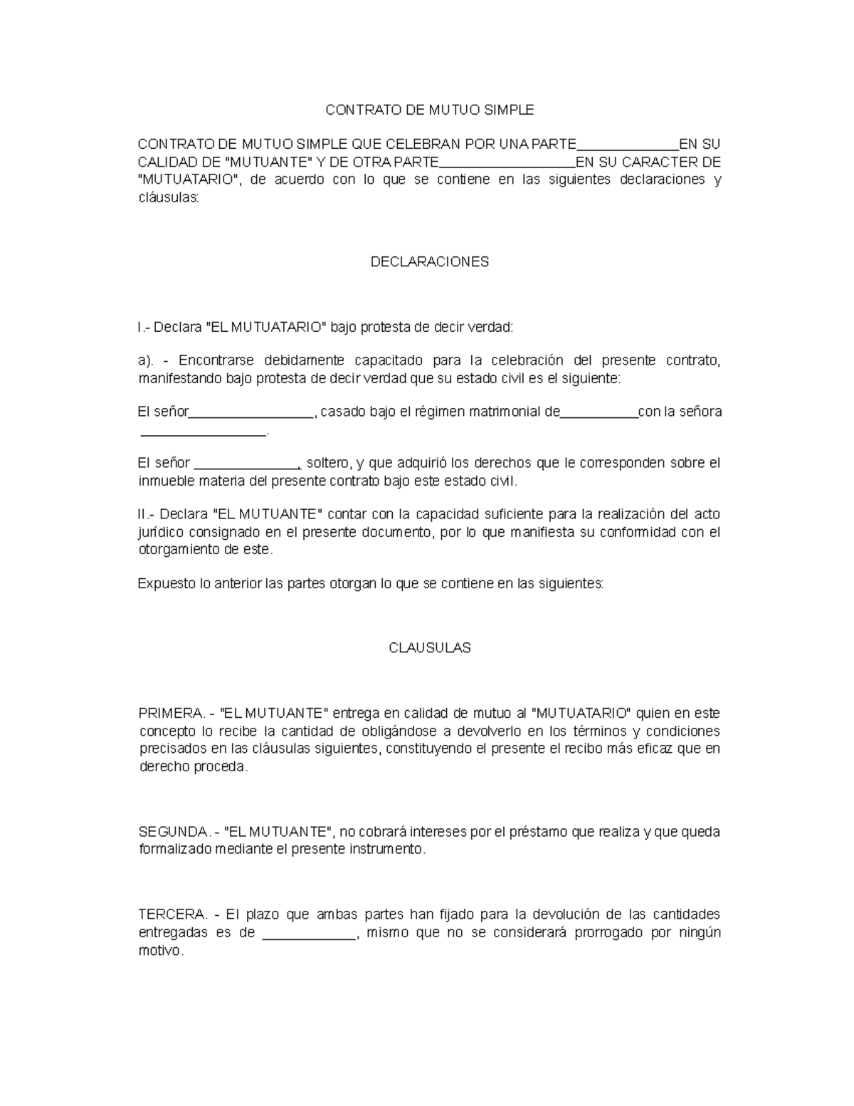 Contrato DE Mutuo - CONTRATO DE MUTUO SIMPLE CONTRATO DE MUTUO SIMPLE ...